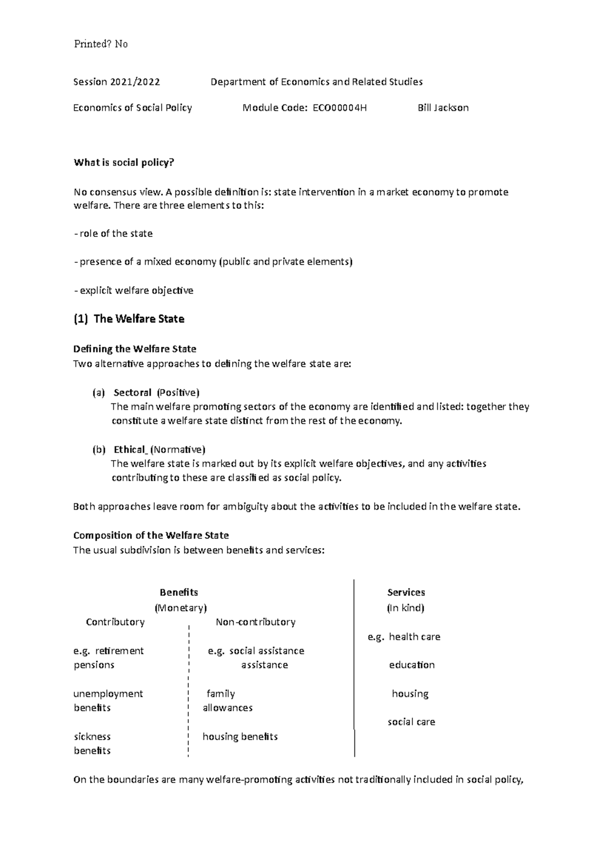 (1) The Welfare State - Dr. William Jackson - Printed? No Session 2021/ ...