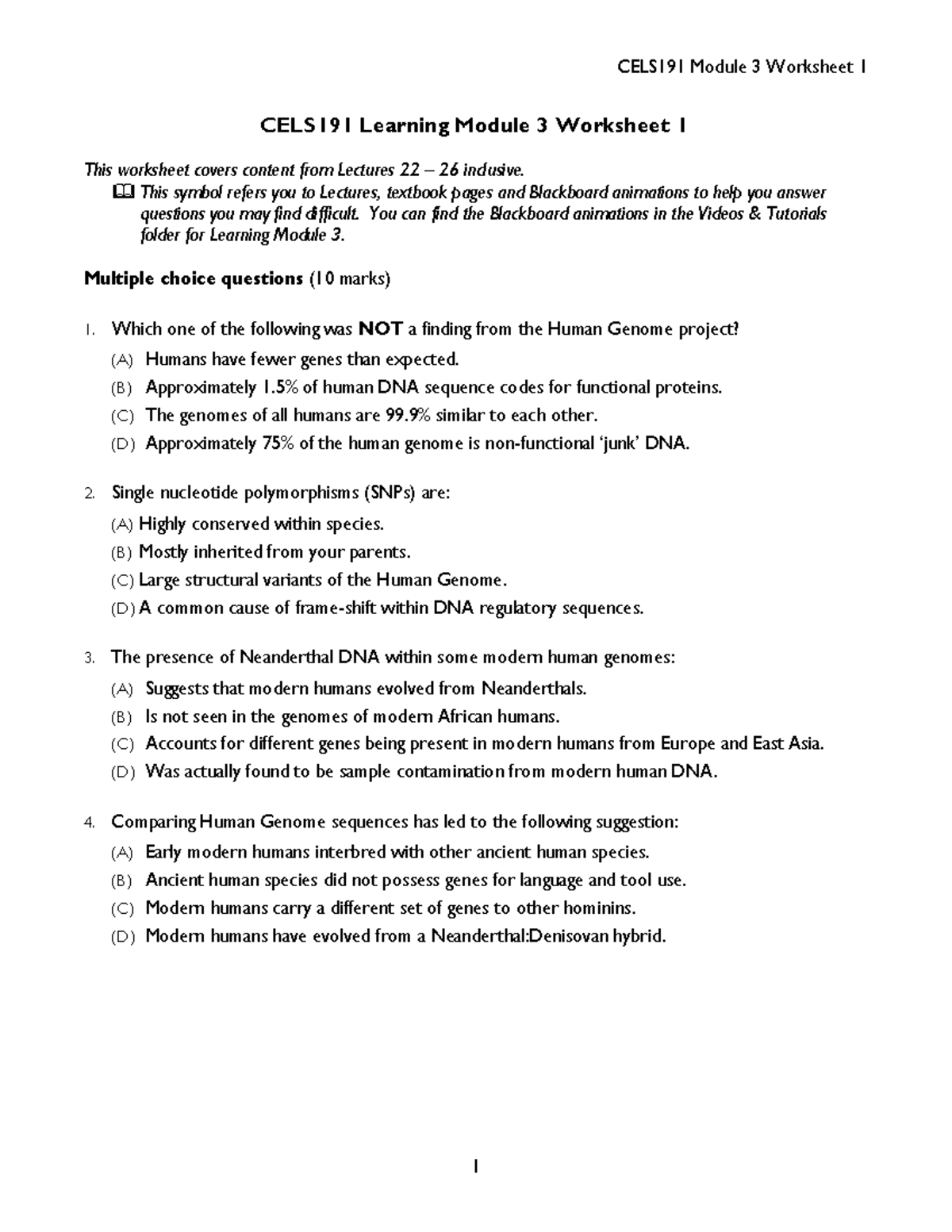 CELS191 Module 3Worksheet Questions - CELS191 Learning Module 3 Worksheet 1 This worksheet ...