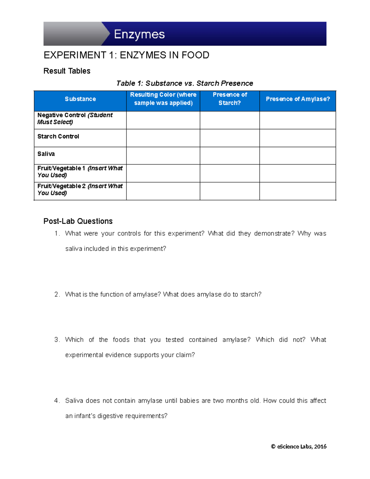 Lab 8 Exp1-2 Worksheet - bio - EXPERIMENT 1: ENZYMES IN FOOD Result ...