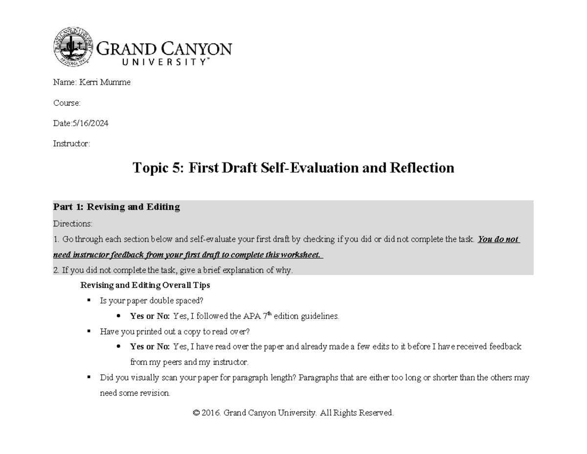 UNV-104-RS-T5-First Draft Self-Evaluationand Reflection - Name: Kerri ...