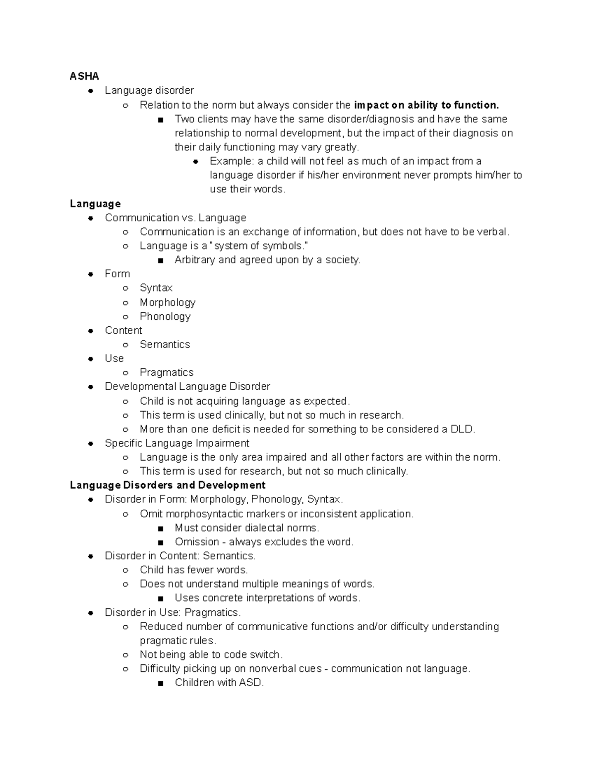 Developmental Outline - ASHA Language disorder Relation to the norm but ...