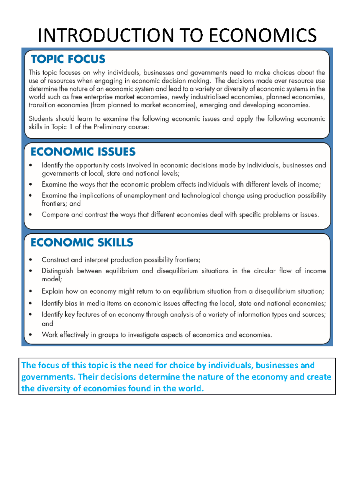 Introduction to Economics - INTRODUCTION TO ECONOMICS The focus of this ...