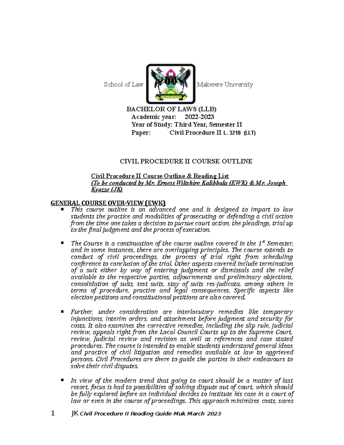 MUK Final Civil Procedure II Reading LIST MUK MACH 2023 - School of Law ...