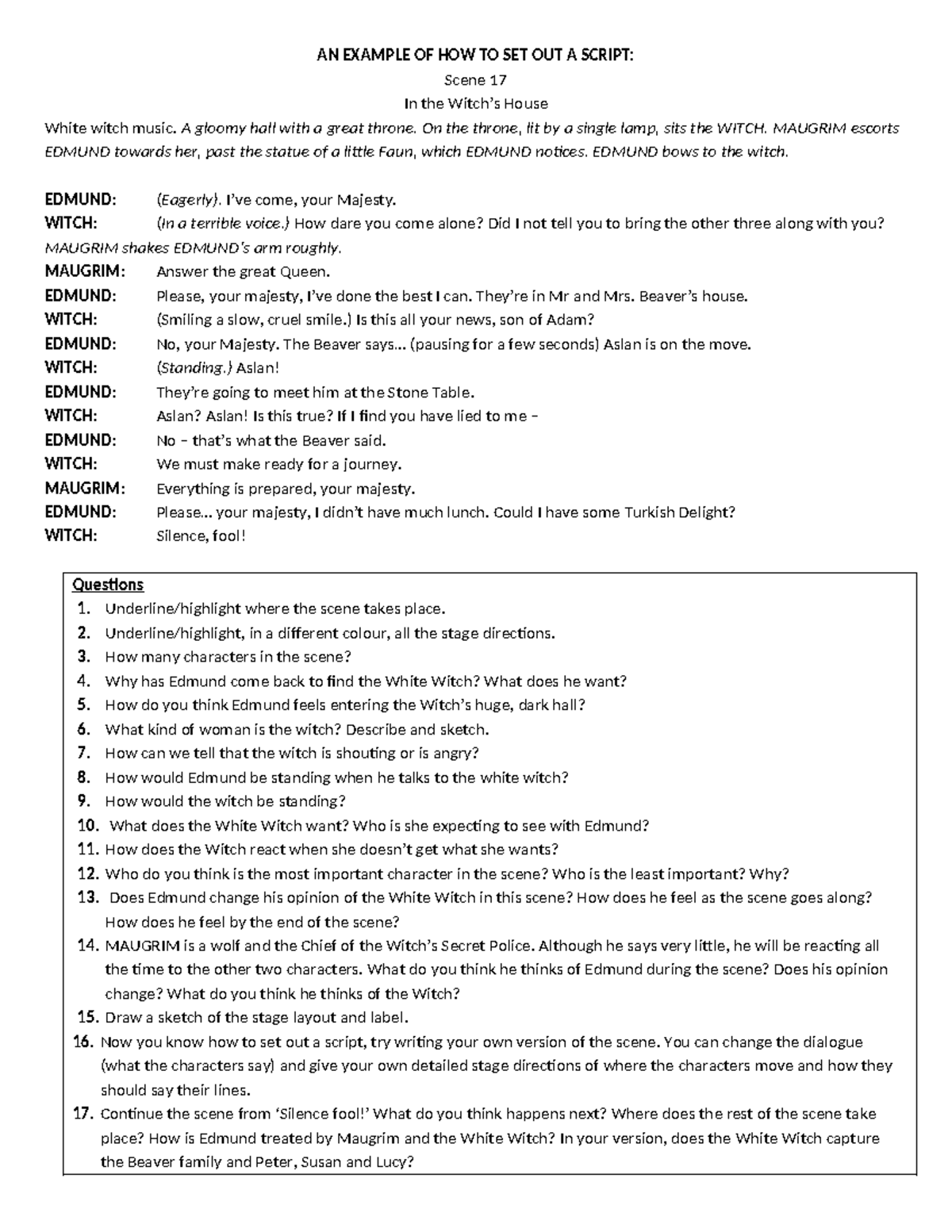 AN Example OF HOW TO SET OUT A Script - AN EXAMPLE OF HOW TO SET OUT A ...