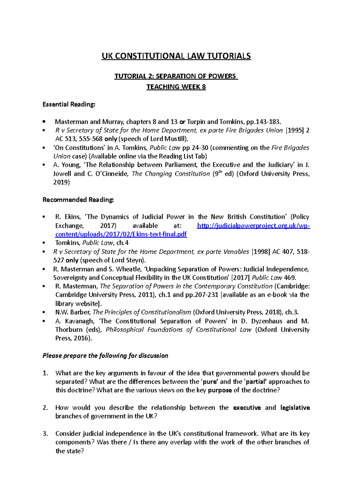 Tutorial 2 - UK CONSTITUTIONAL LAW TUTORIALS TUTORIAL 2: SEPARATION OF ...