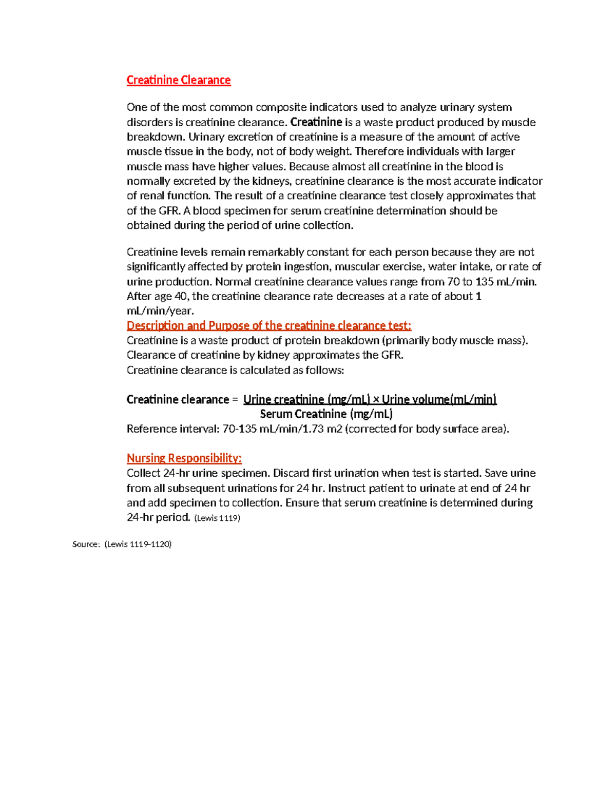 Creatinine Clearance - Study guide - Creatinine Clearance One of the ...