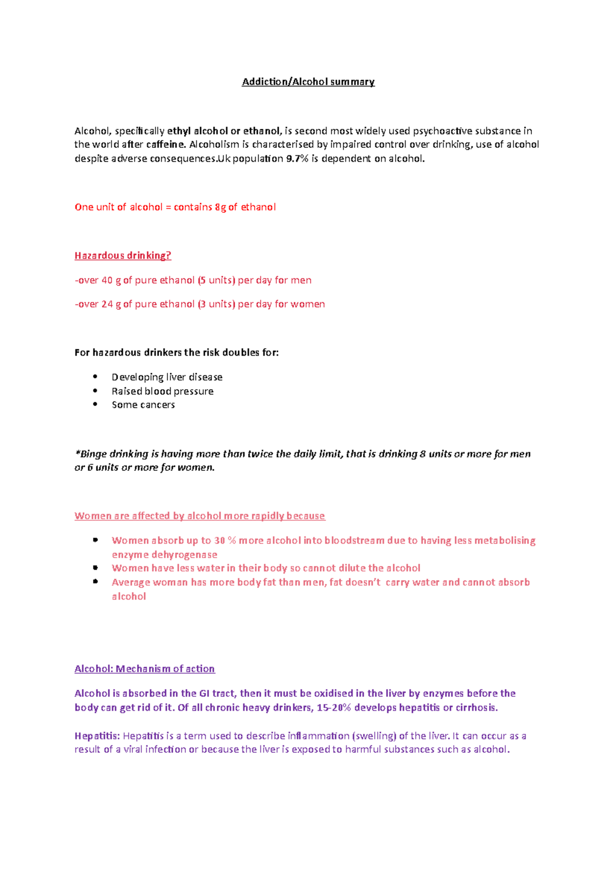 322 Addiction summary - Addiction/Alcohol summary Alcohol, specifically ...