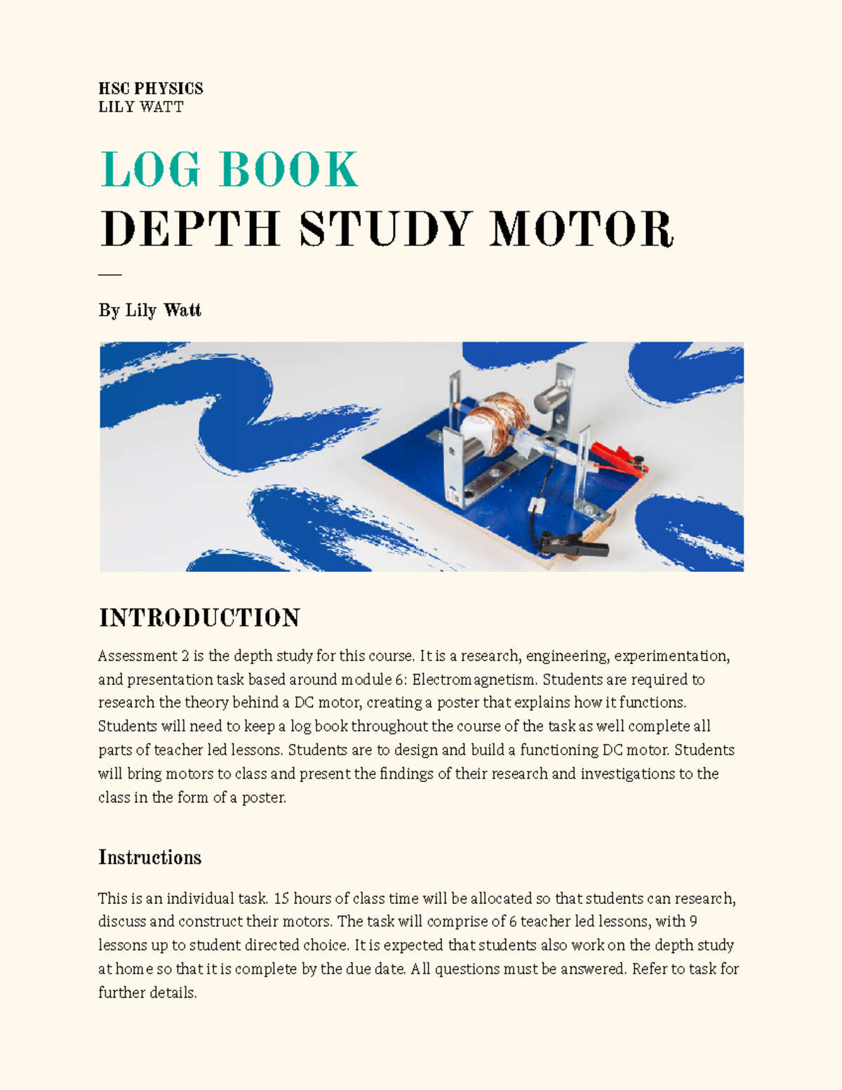 LOG BOOK Depth Study Motor - HSC PHYSICS LILY WATT LOG BOOK DEPTH STUDY ...