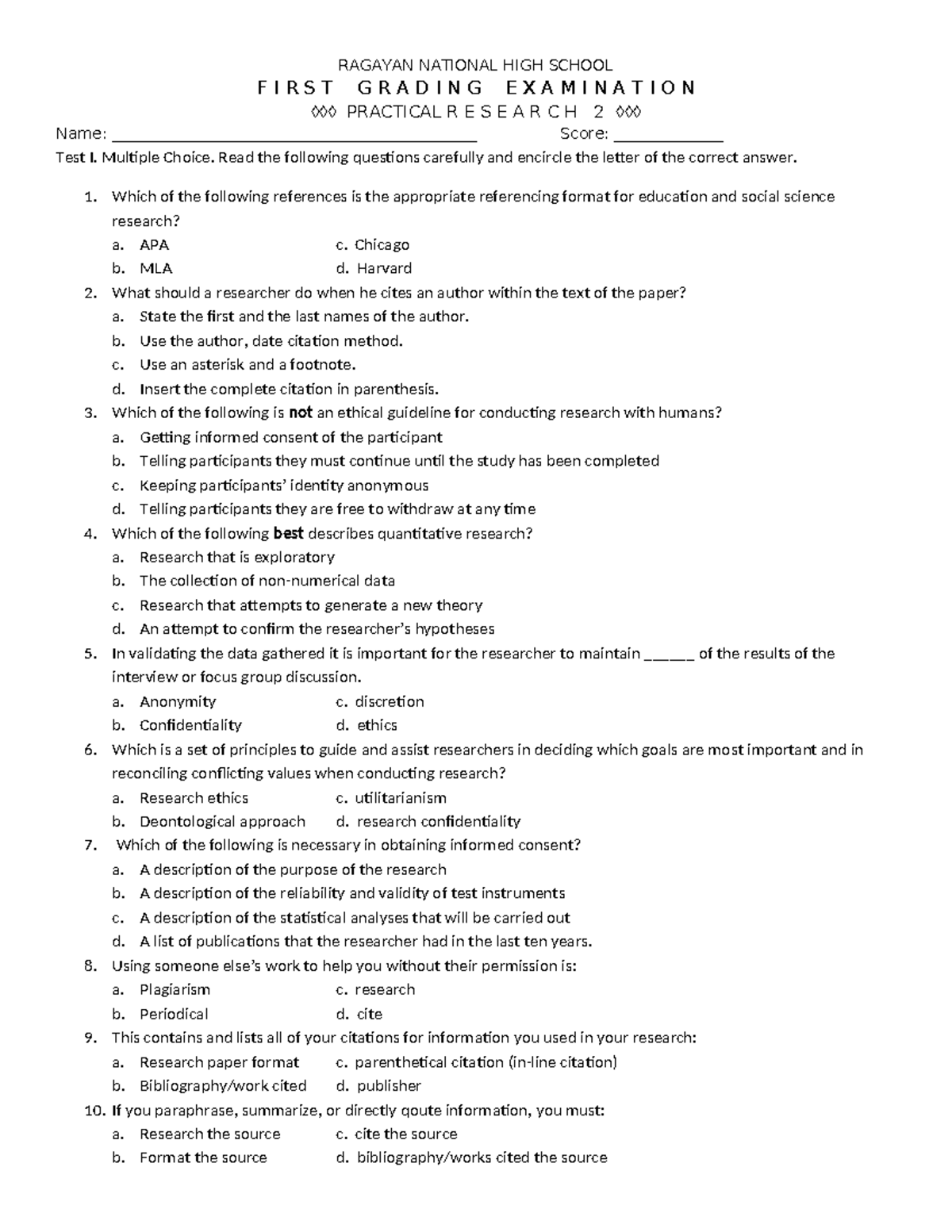 1st Grading PR 2 - Practical Research 1 - RAGAYAN NATIONAL HIGH SCHOOL ...