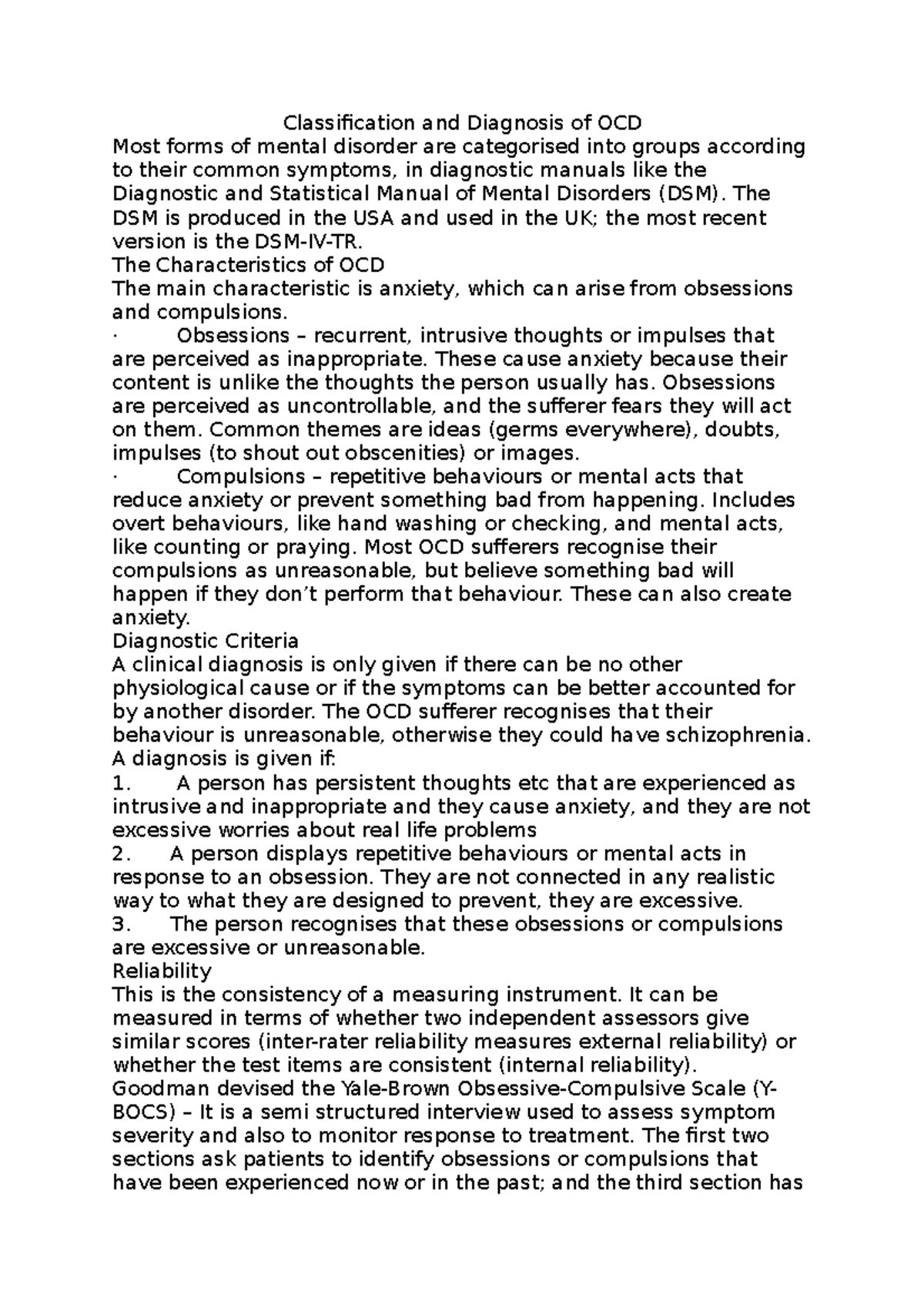 Full OCD revision notes - Classification and Diagnosis of OCD Most ...