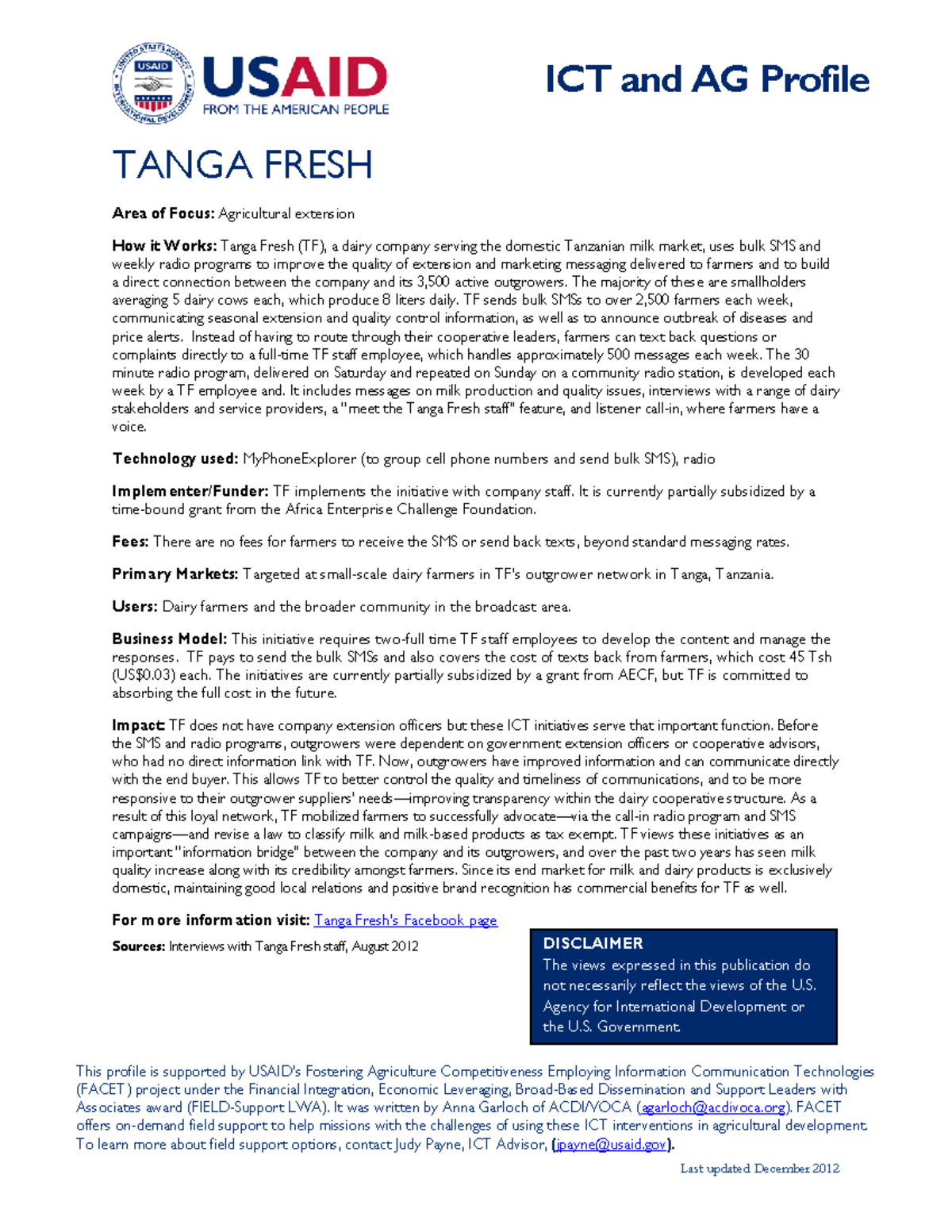 Tanga Fresh profile - case studies - DISCLAIMER The views expressed in ...