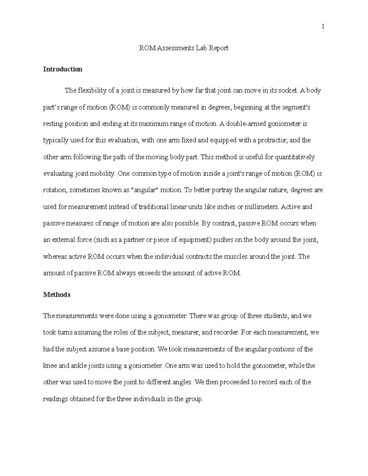 ROM assessments-1-1 - Here - ROM Assessments Lab Report Introduction ...