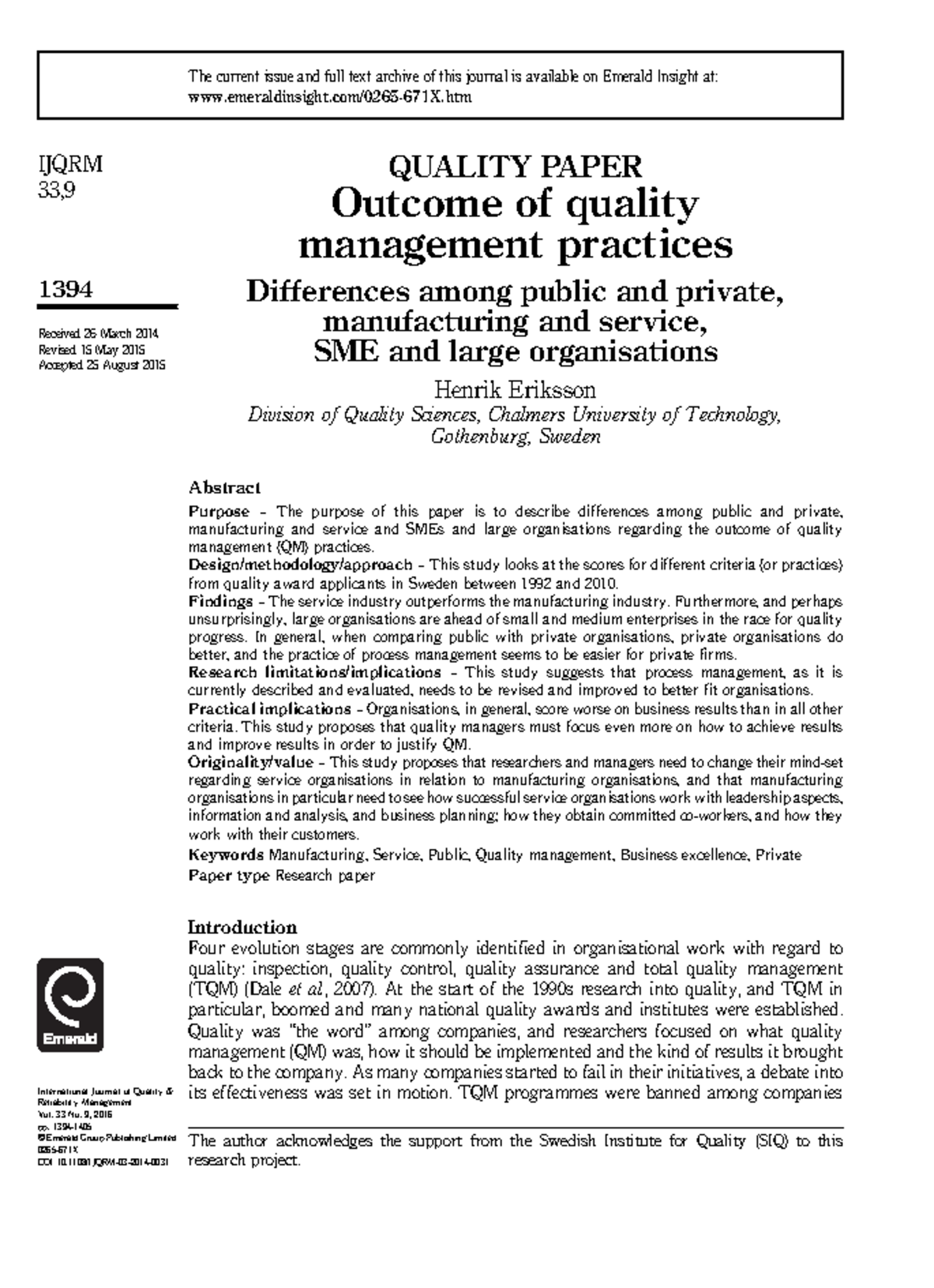 QM Practices in public private, manuf serv. SME large - QUALITY PAPER ...
