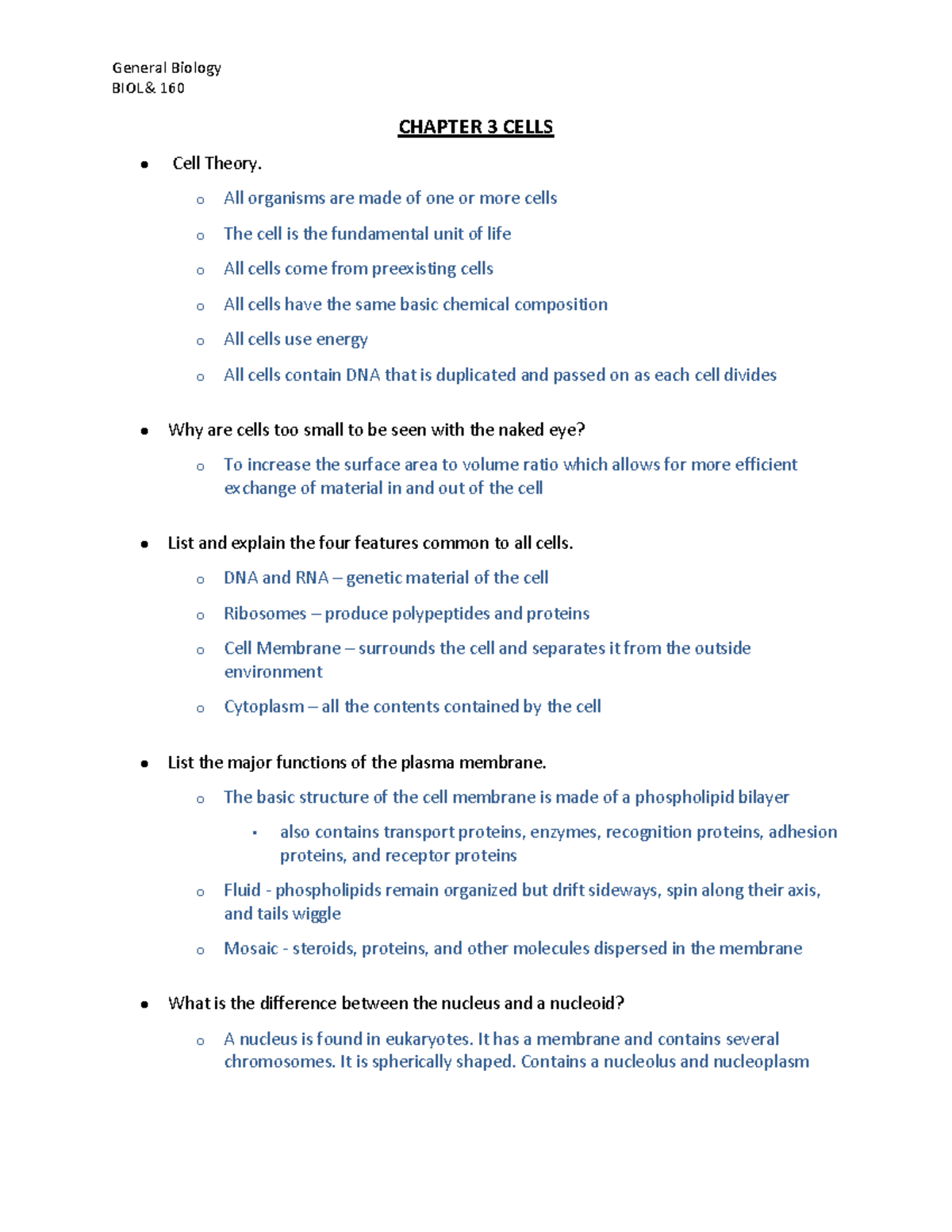 General Biology Chapter 3 - Cells - BIOL& 160 CHAPTER 3 CELLS Cell ...
