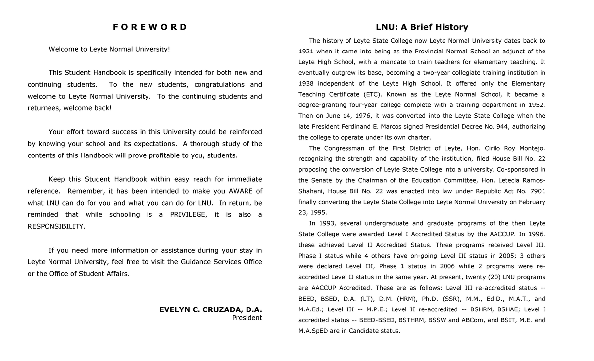 Handbook - Book - F O R E W O R D Welcome to Leyte Normal University ...