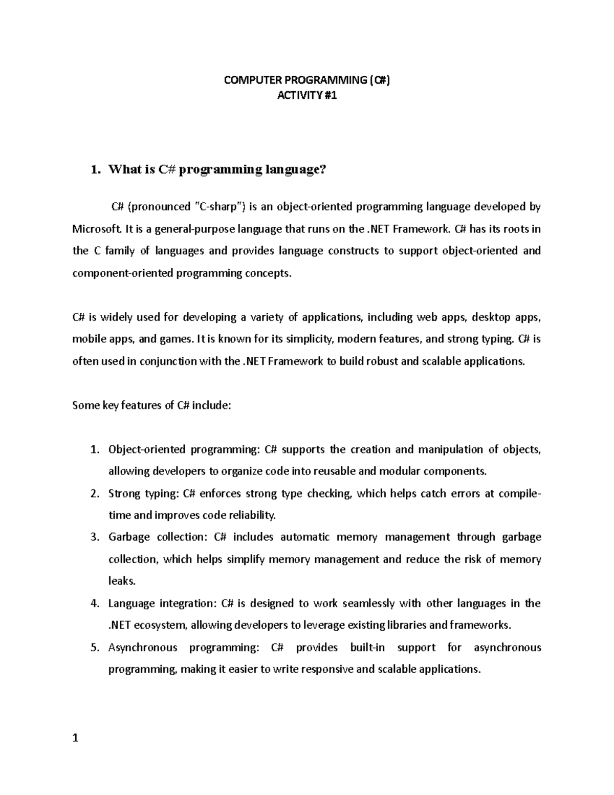 Computer Programming Act Computer Programming C Activity 1 What Is C Programming