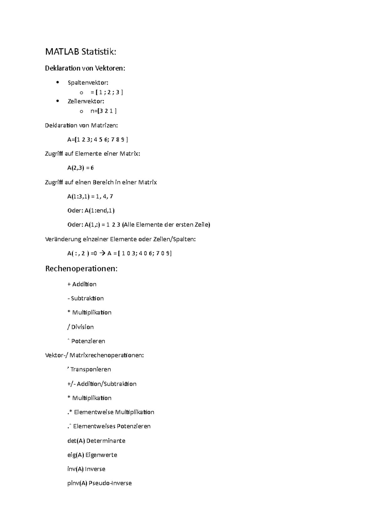 Matlab Statistik befehle und codes - MATLAB Statistik: Deklaration von ...