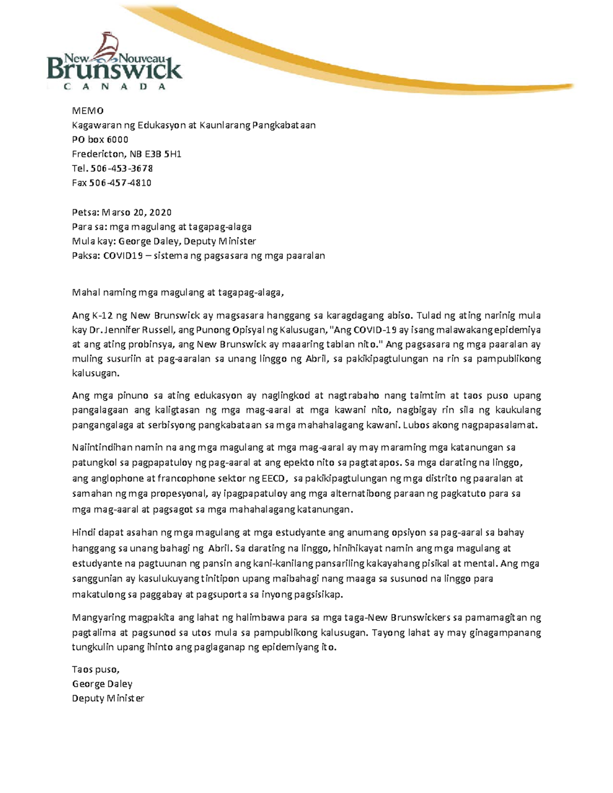 Memo from the Deputy Minister to parent Tagalog - MEMO Kagawaran ng ...