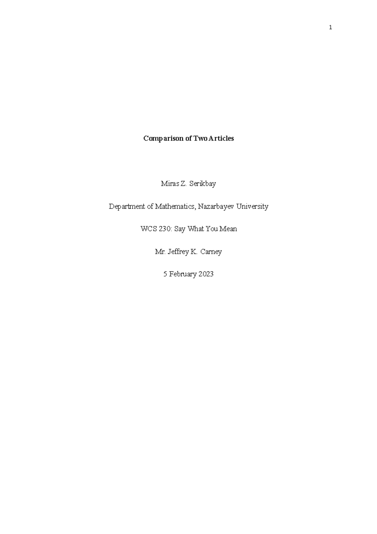 Actions and Characters Assignment - Comparison of Two Articles Miras Z ...