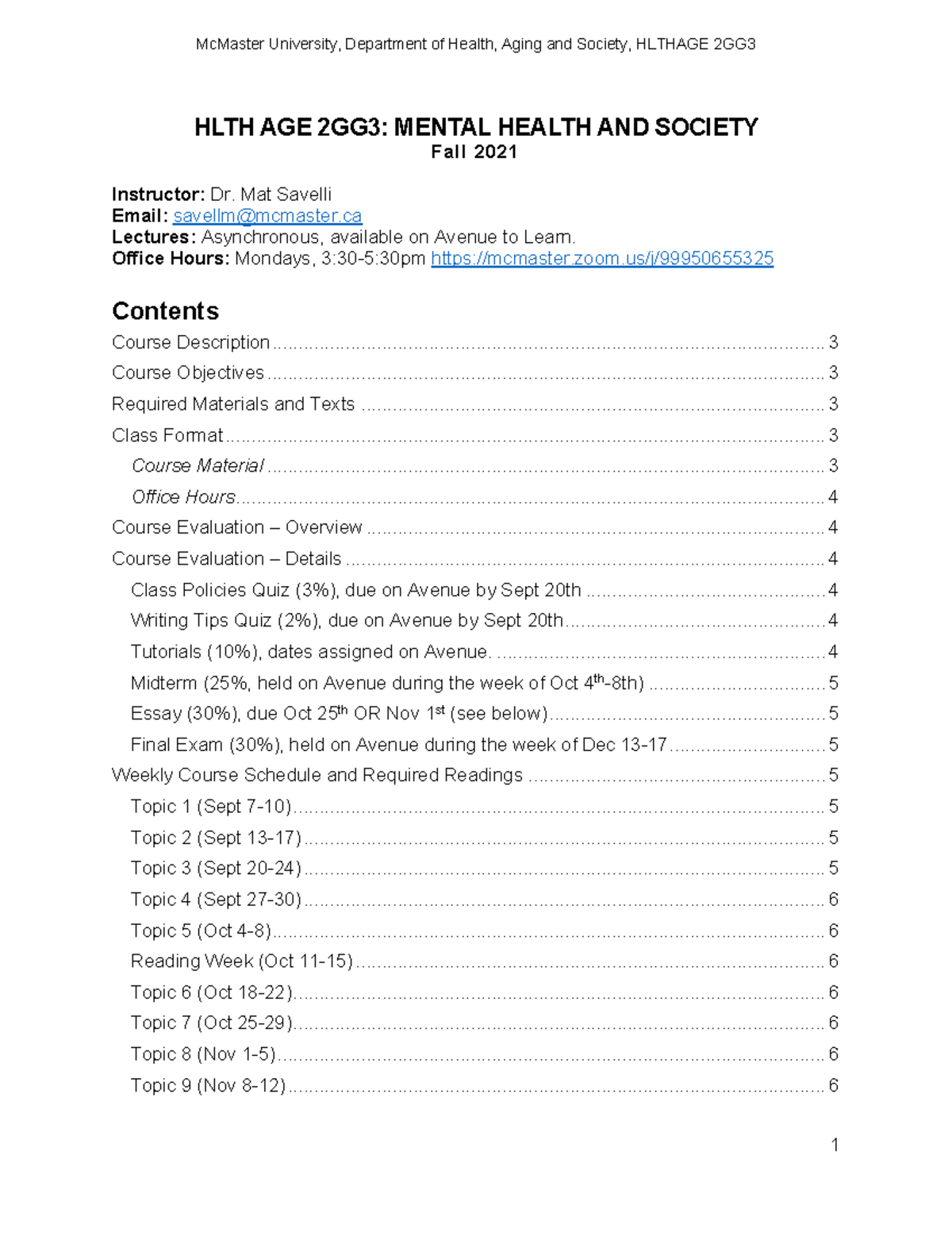 2GG3 - syllabus - mcmaster - HLTH AGE 2GG3: MENTAL HEALTH AND SOCIETY ...