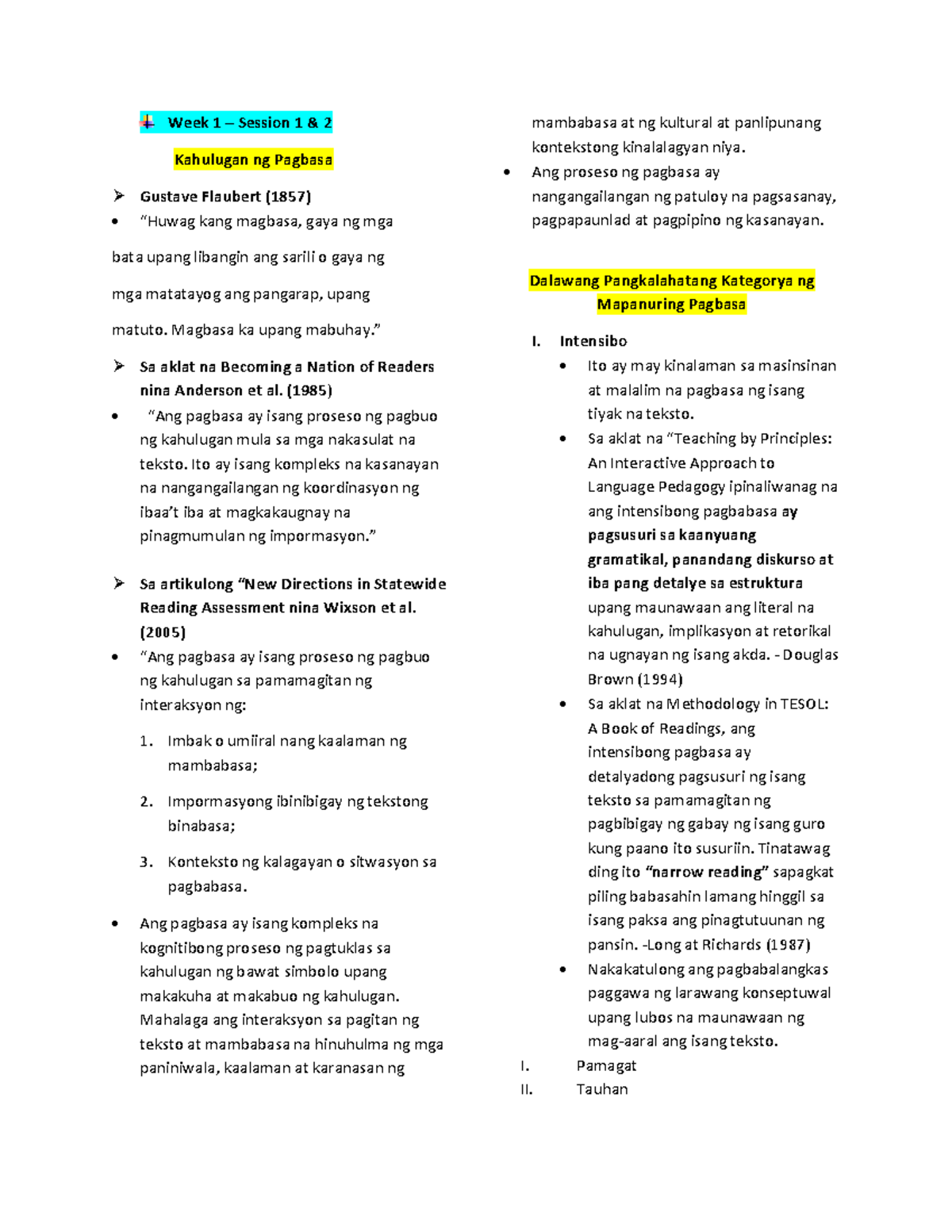 Pagbasa-Notes-Reviewer - Week 1 – Session 1 & 2 Kahulugan ng Pagbasa ...