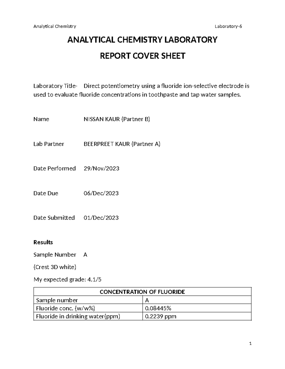 LAB6 Fluoride - lab 6 - ANALYTICAL CHEMISTRY LABORATORY REPORT COVER ...