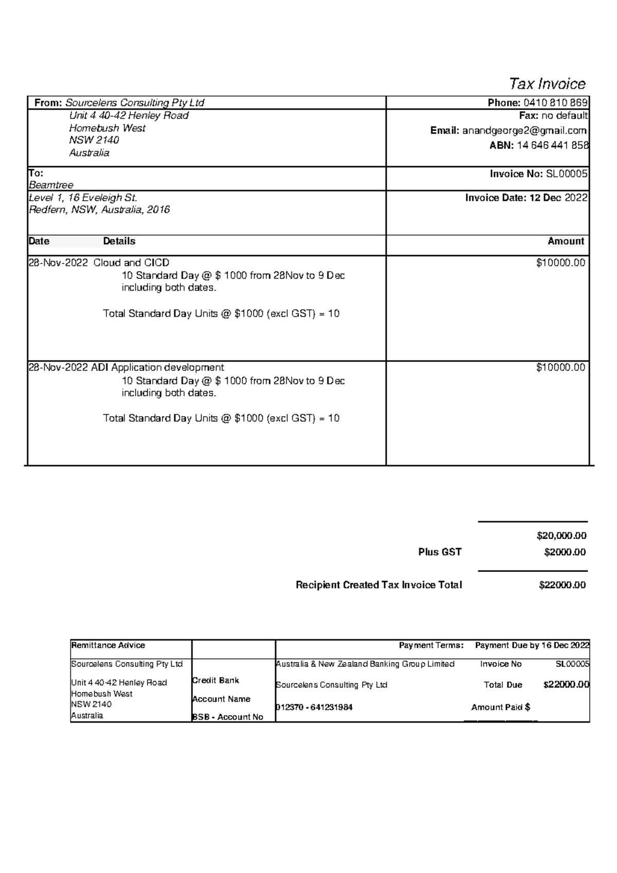 28Nov To 9Dec - invoice sample - Tax Invoice $20,000. Plus GST $2000 ...