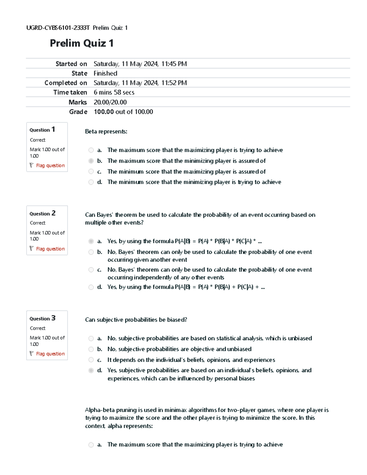 Prelim Quiz 1 Attempt review - Question 1 Correct Mark 1 out of 1. Flag ...