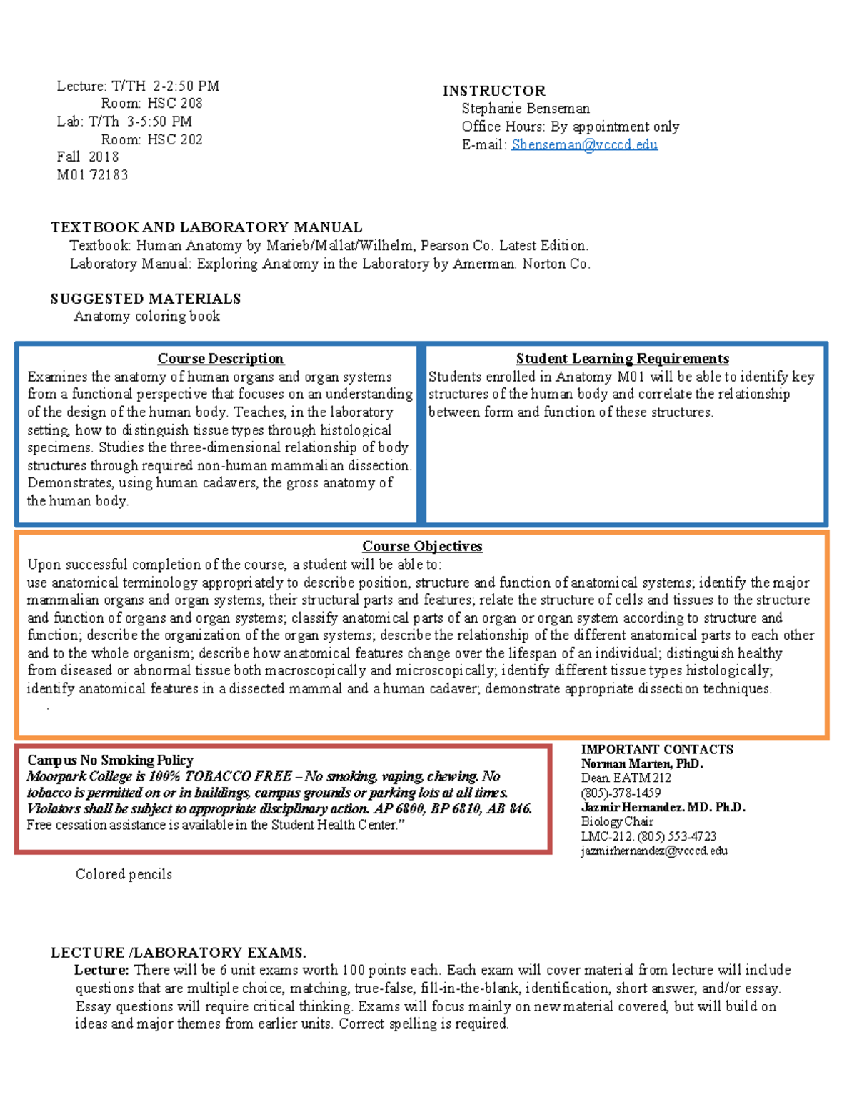 Anatomy Syllabus F 2018 - INSTRUCTOR Stephanie Benseman Office Hours ...