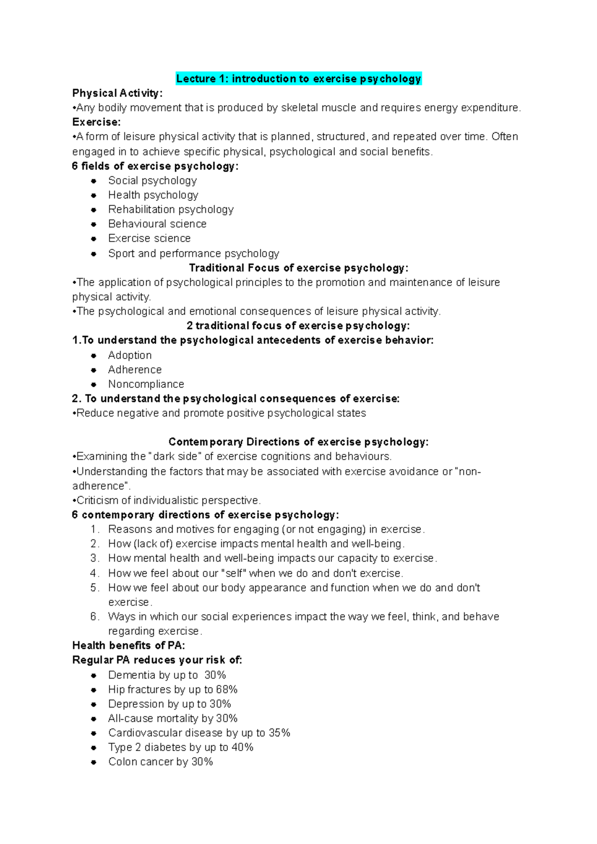 KIN 2776 Notes - Lecture 1: introduction to exercise psychology ...