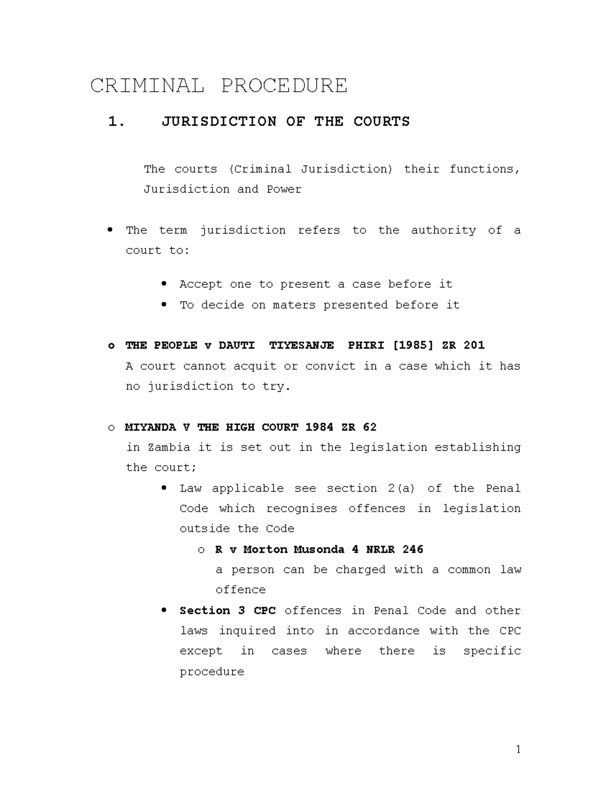 Criminal Procedure 2020 - CRIMINAL PROCEDURE 1. JURISDICTION OF THE ...