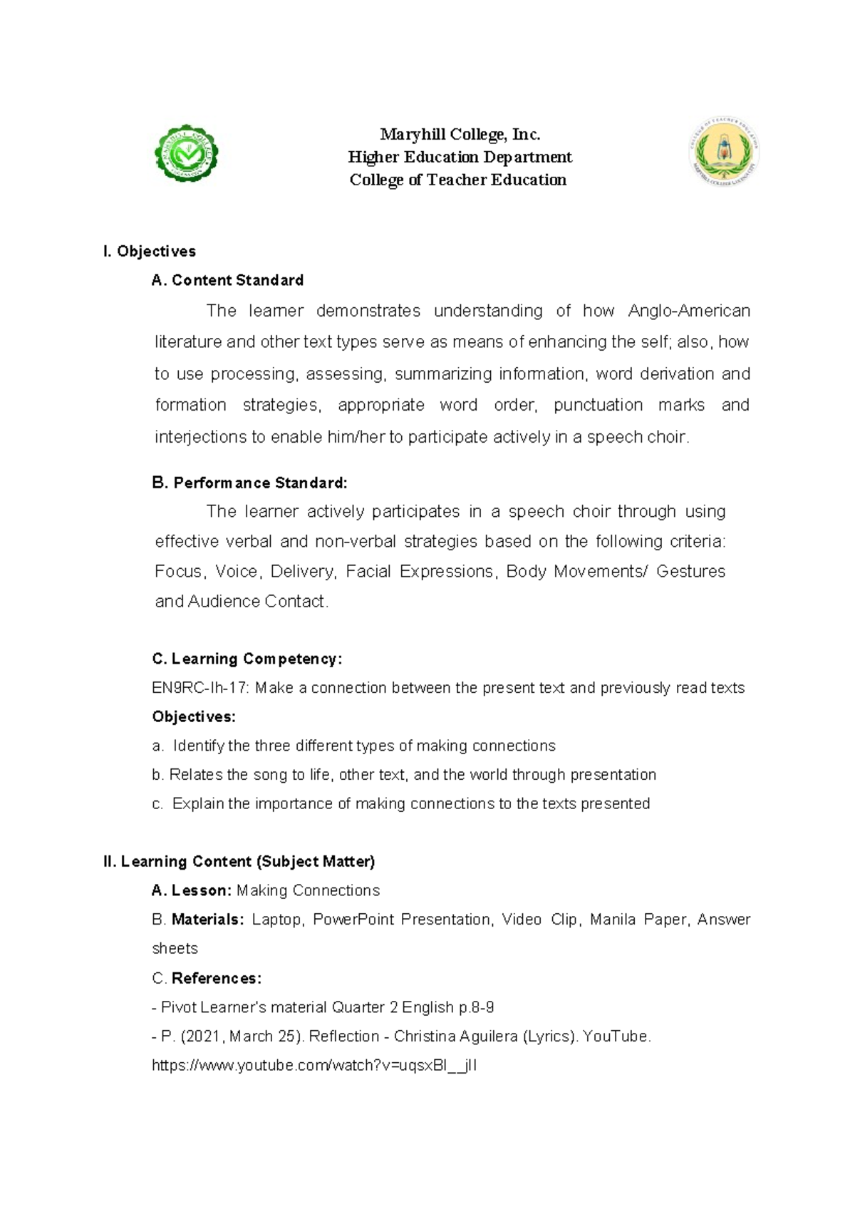 Making Connections - Lessonplan - Maryhill College, Inc. Higher ...