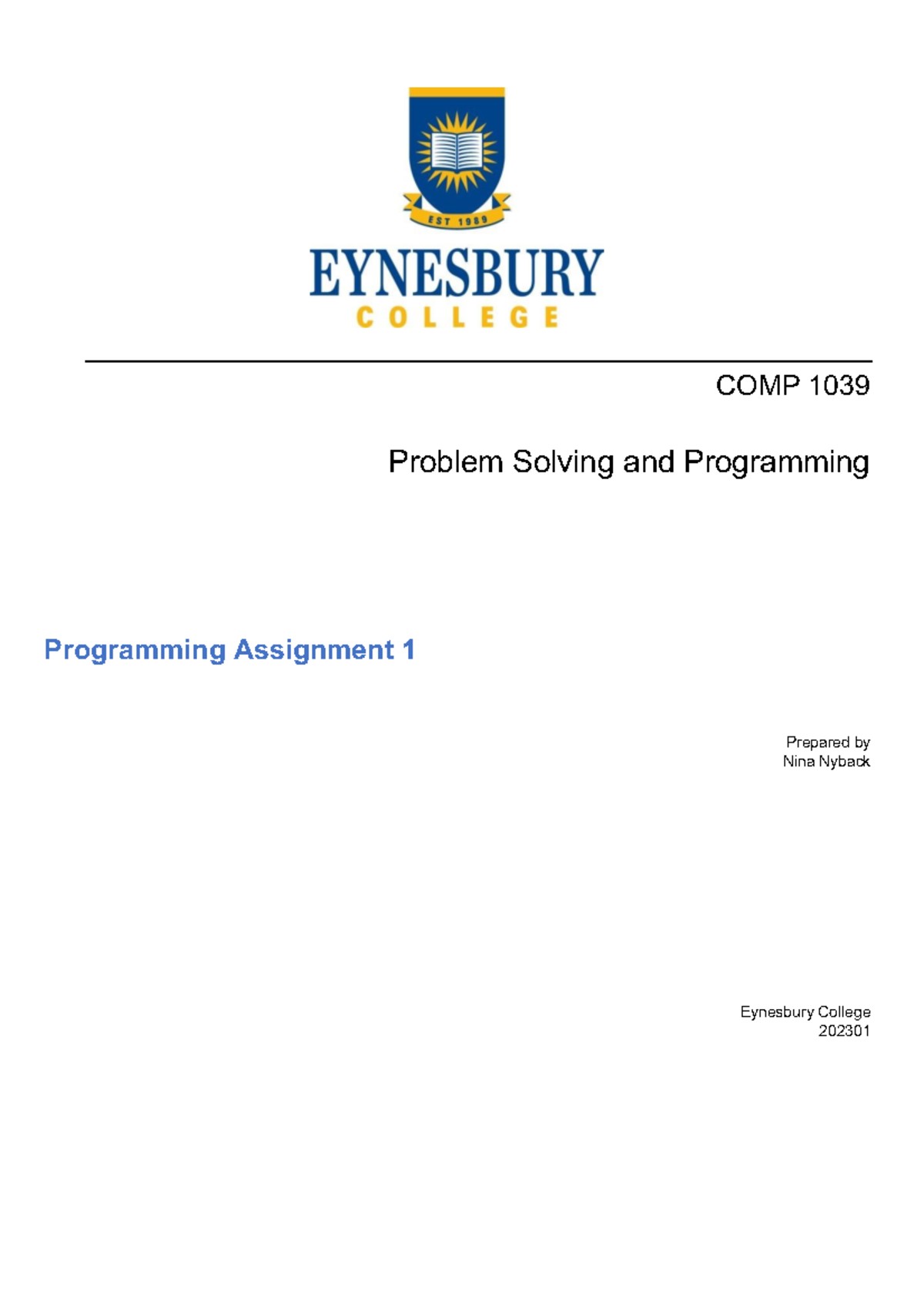 Eynesbury PSP Assignment 1 202301 Money$ - Problem Solving and Programming Programming ...