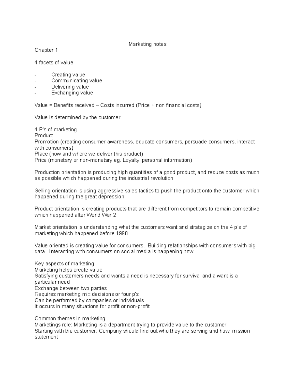 Marketing Notes Chater 1-4 - Marketing notes Chapter 1 4 facets of ...