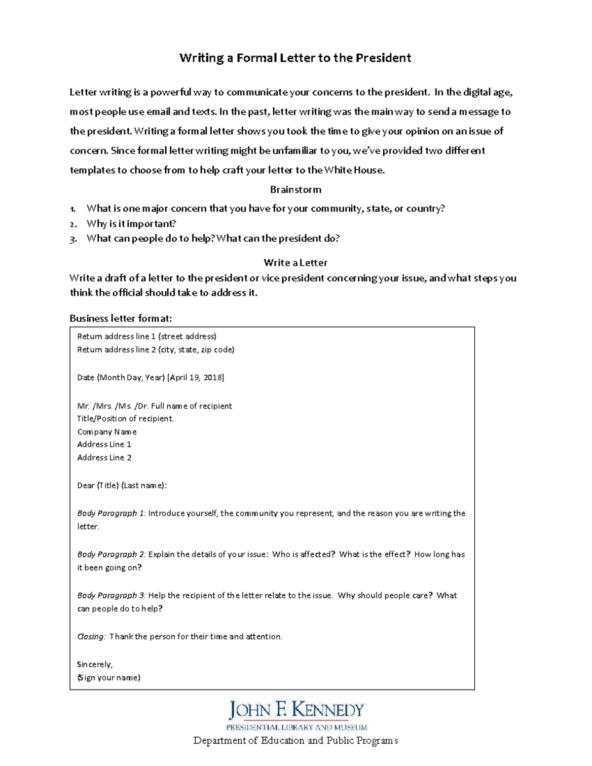 Writing To The President 1 - Writing a Formal Letter to the President ...