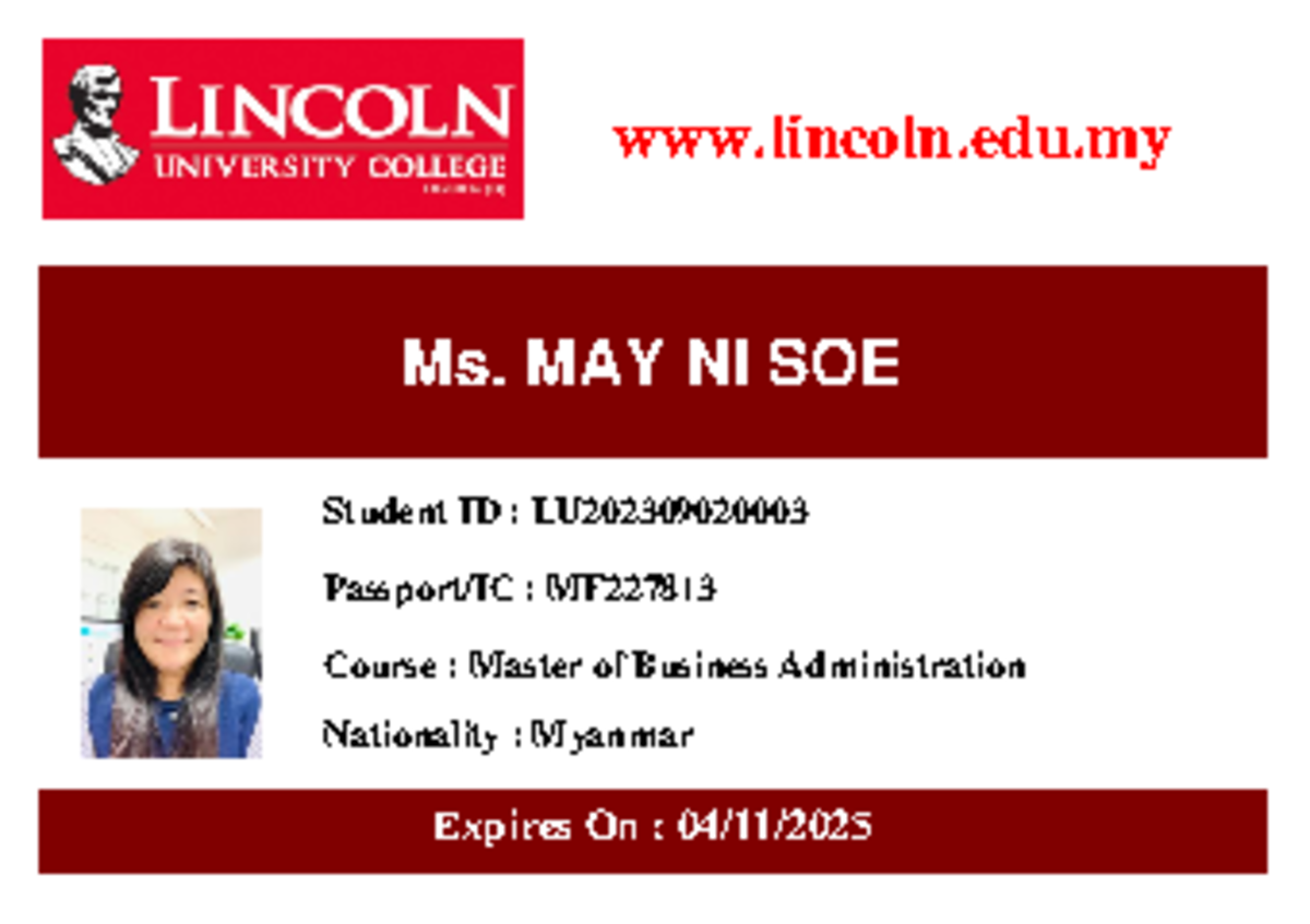 Idcard LU20230902000 3 - MBA 580 - lincoln.edu Ms. MAY NI SOE Student ...
