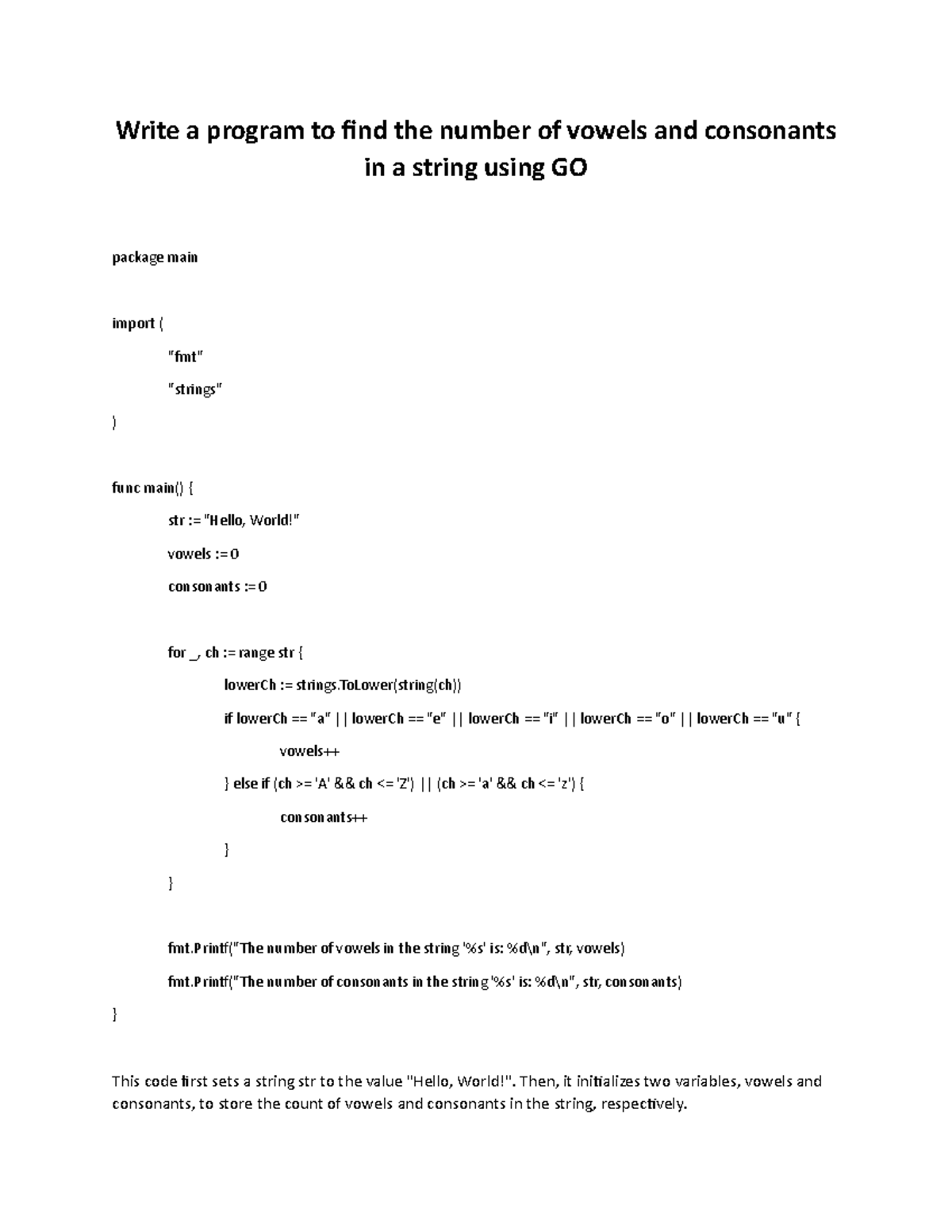 Using go - Write a program to find the number of vowels and consonants ...