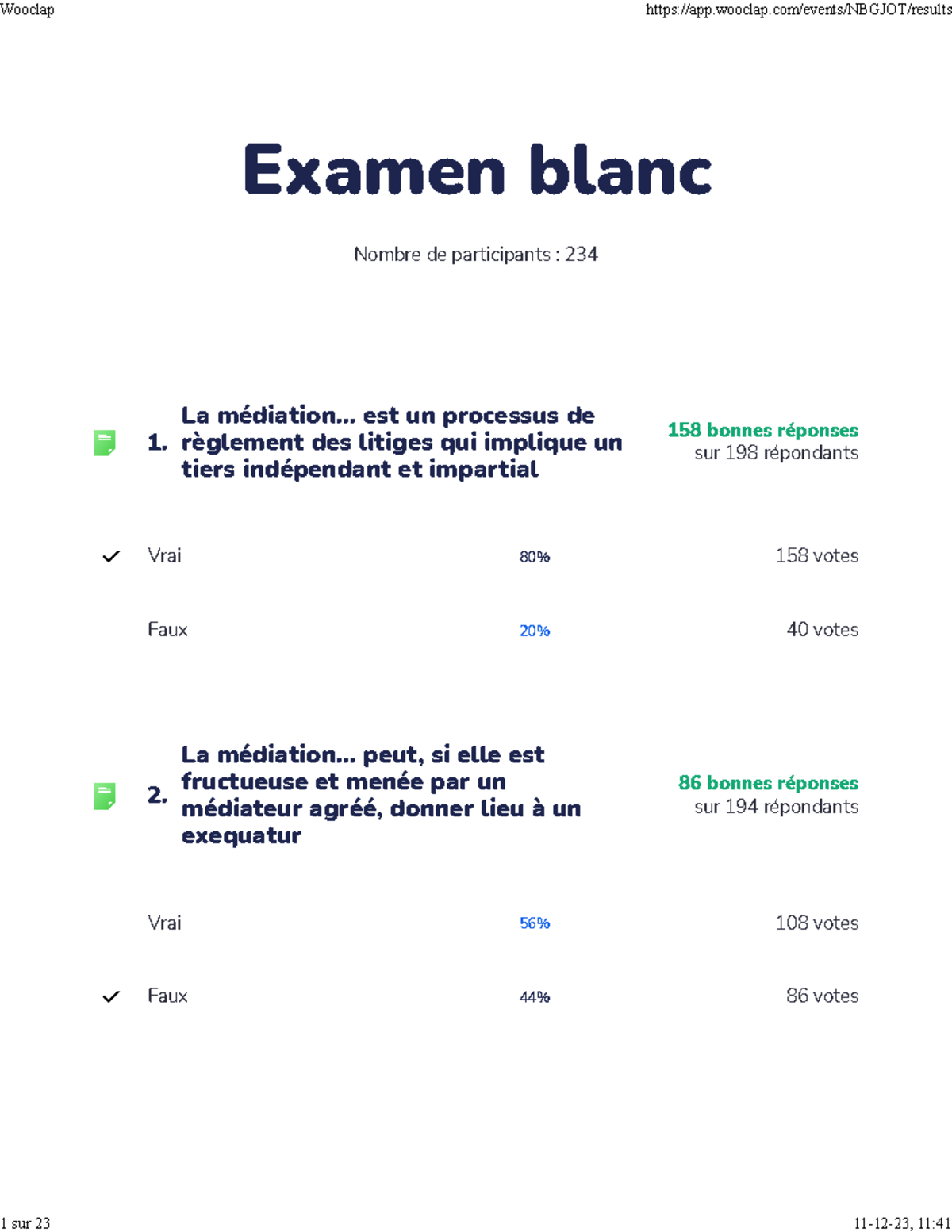 Rapport Wooclap examen blanc - Examen blanc Nombre de participants : 234 1. 158 bonnes réponses ...