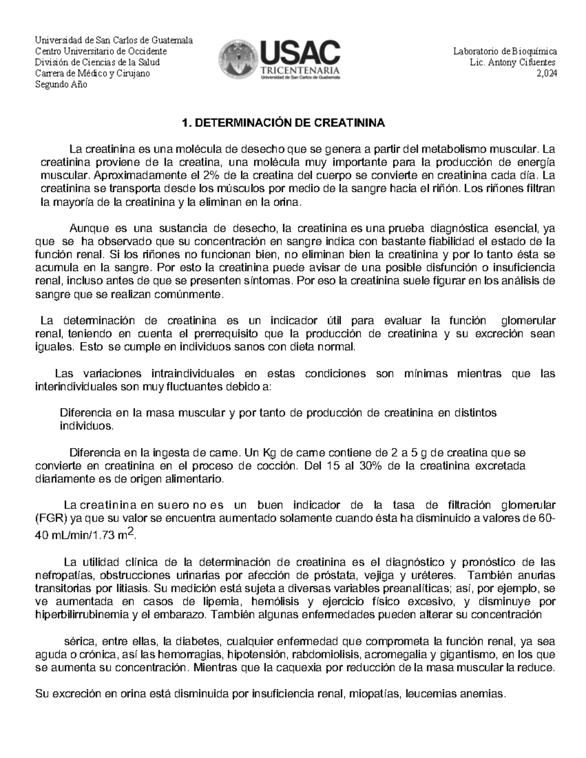 Determinación de Creatinina y BUN 2024 - Centro Universitario de ...