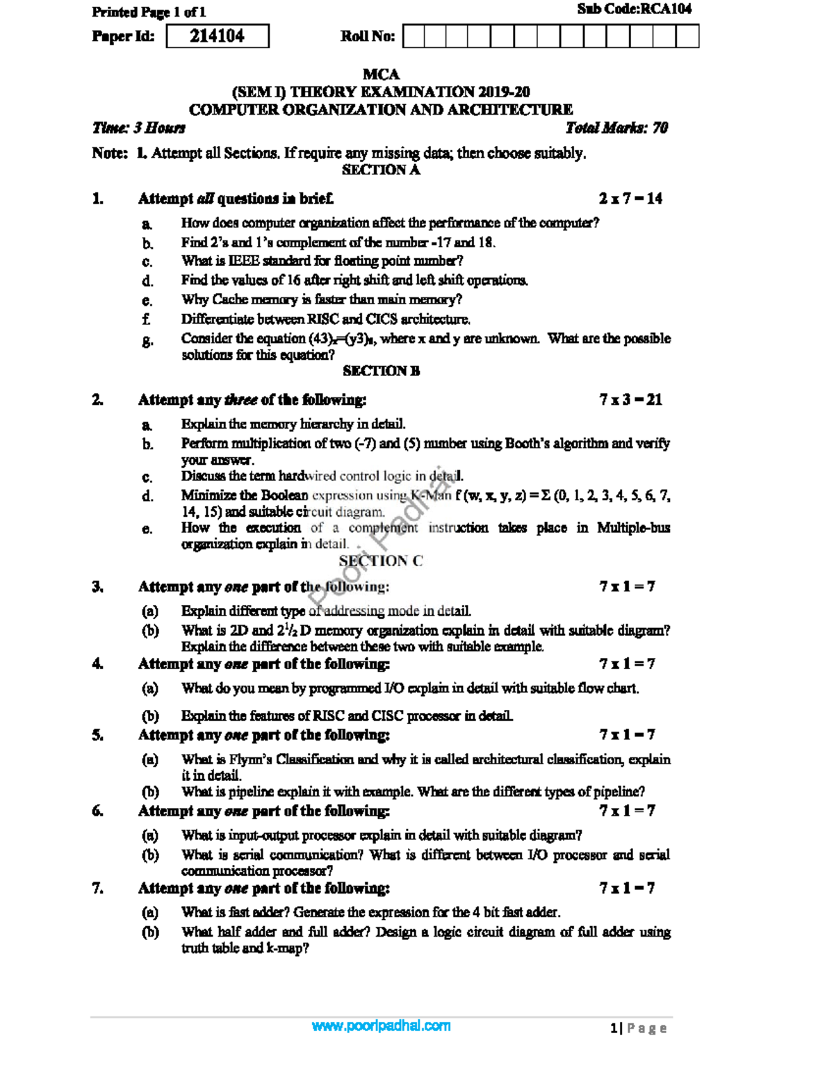 COA-2019-20 - PYQ - KCA 105 - Computer Organisation and Architecture - Studocu