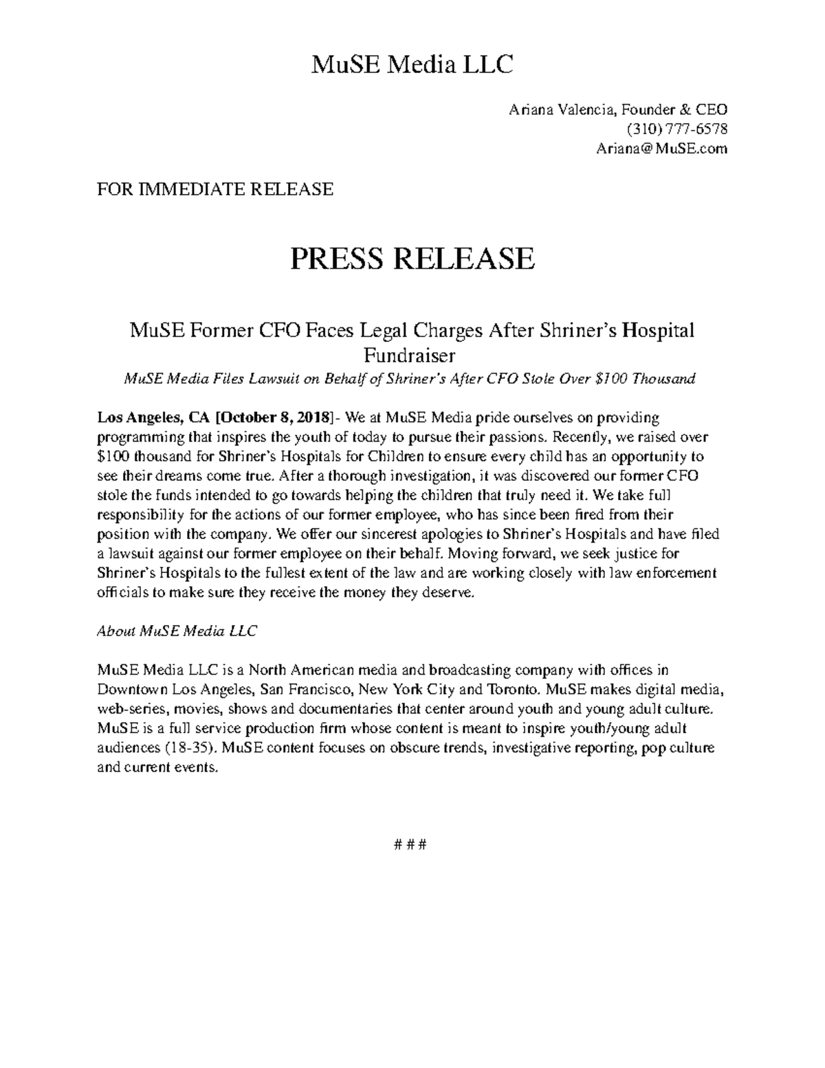 Crisis Management Press Release - MuSE Media LLC Ariana Valencia ...