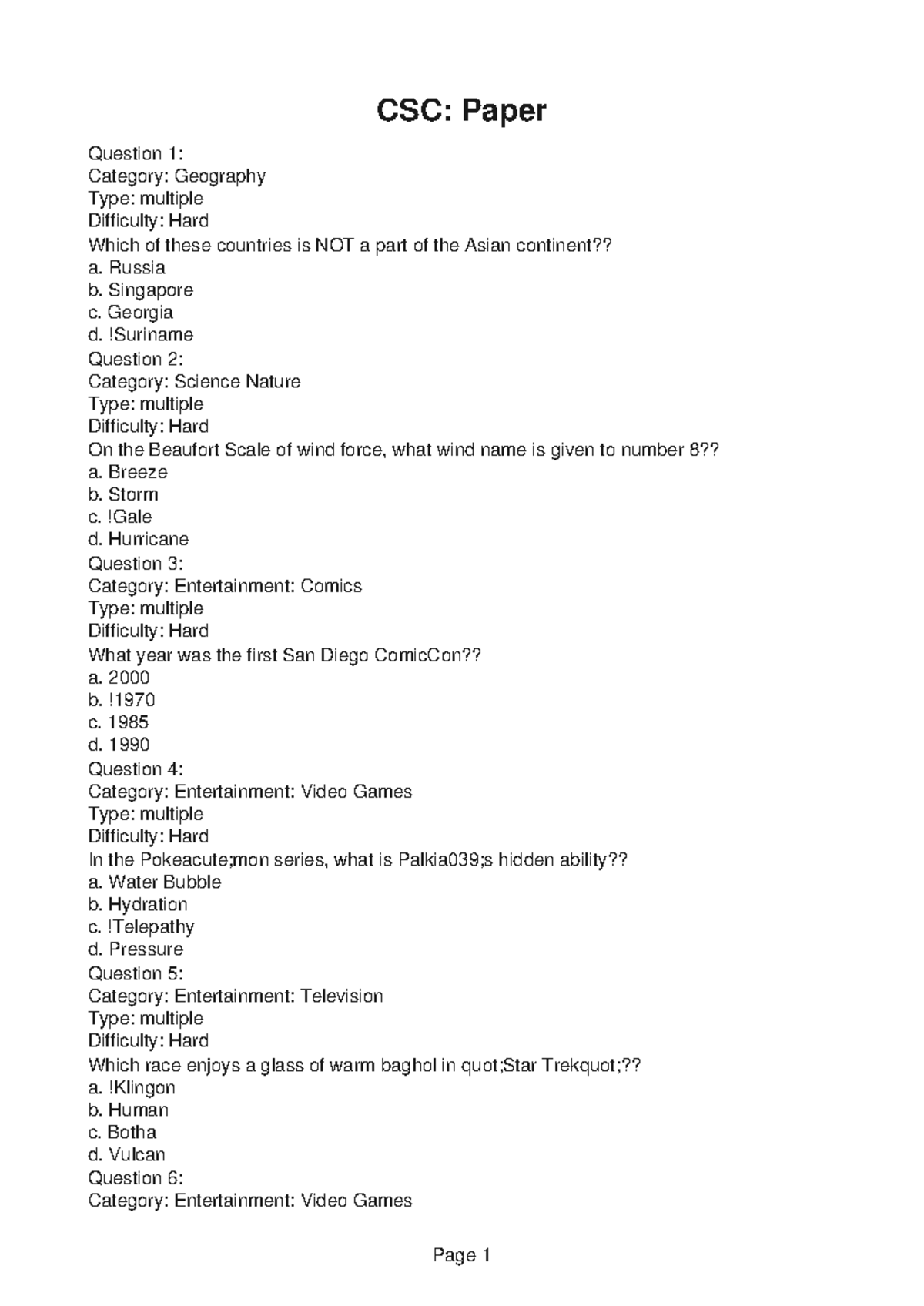 CSC106 Presentation 10 - CSC: Paper Question 1: Category: Geography ...