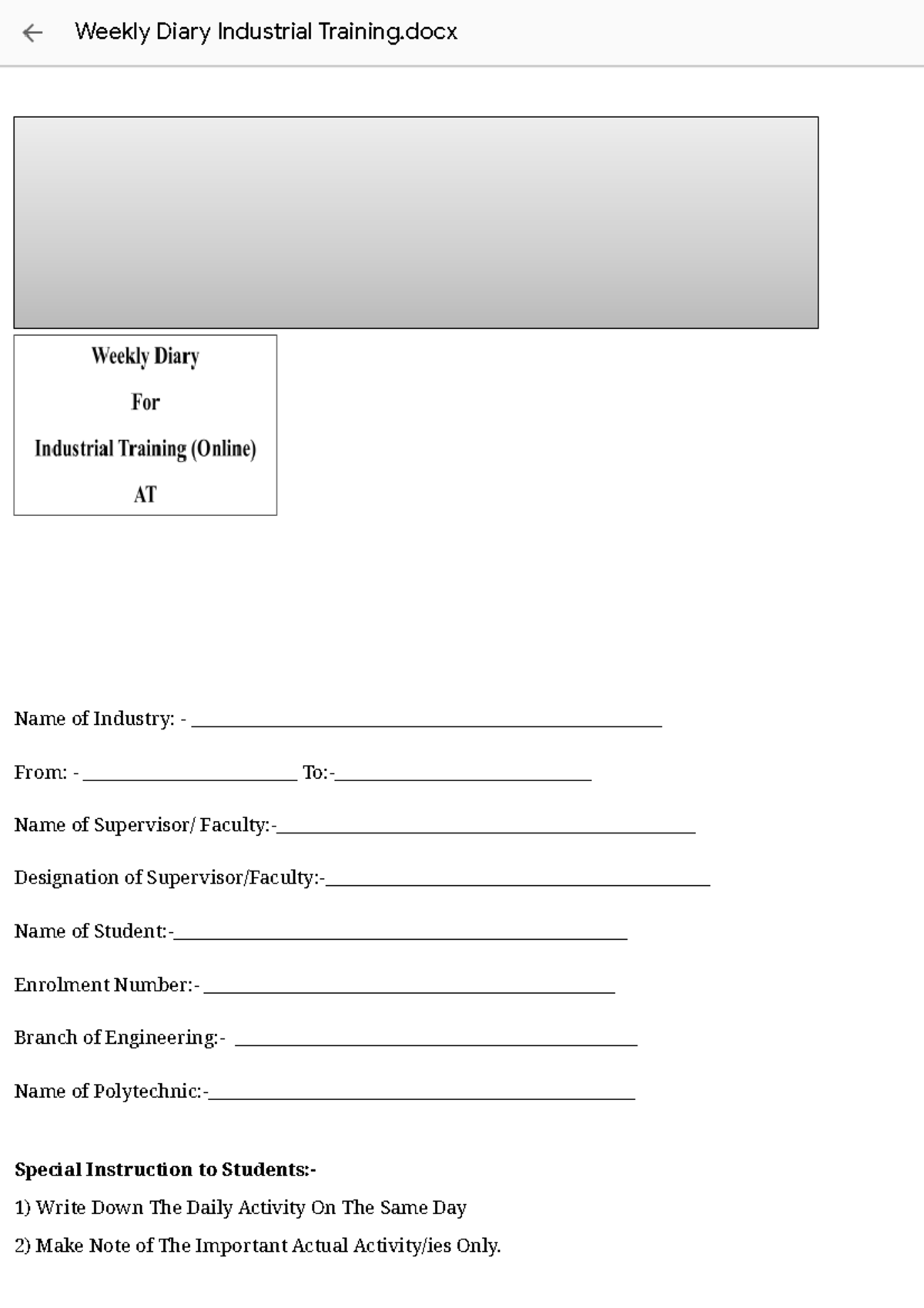 Weekly Diary Industrial Training - Name of Industry: - - Studocu