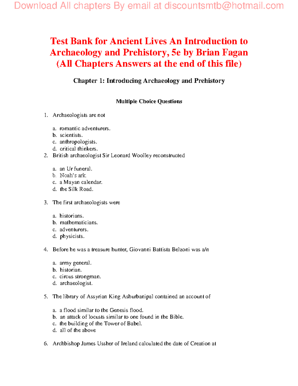 Test Bank for Ancient Lives An Introduction to Archaeology and ...