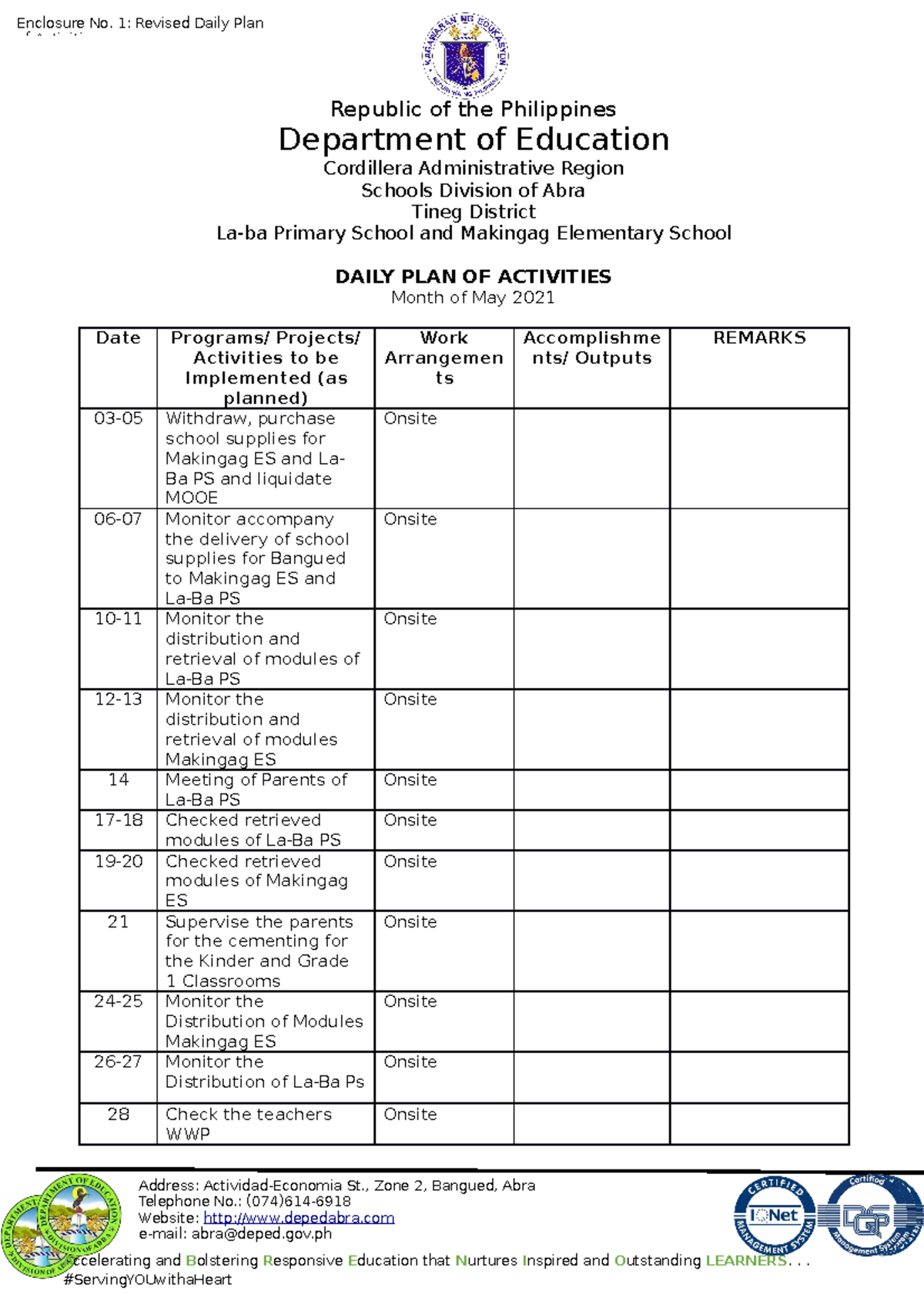 Daily Plan of Activities 2021 - Republic of the Philippines Department ...