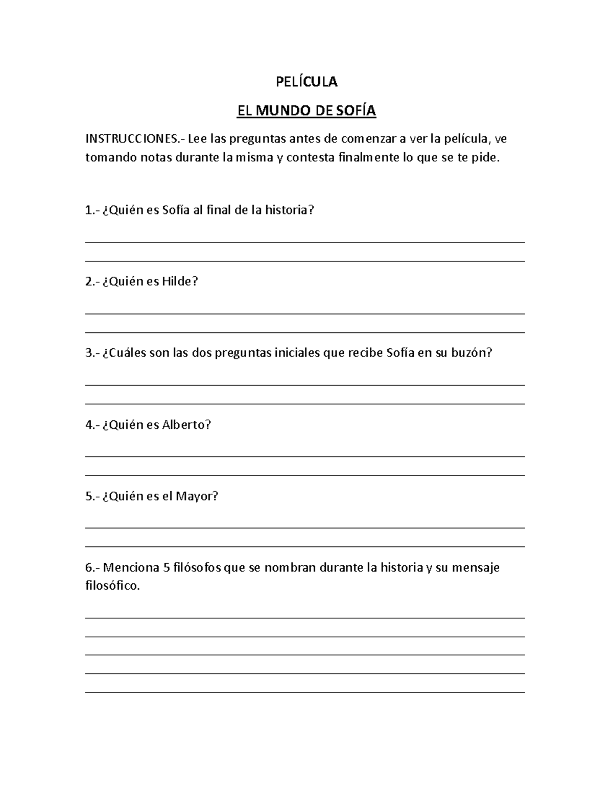 Cuestionario EL Mundo DE Sofía - PELÍCULA EL MUNDO DE SOFÍA ...