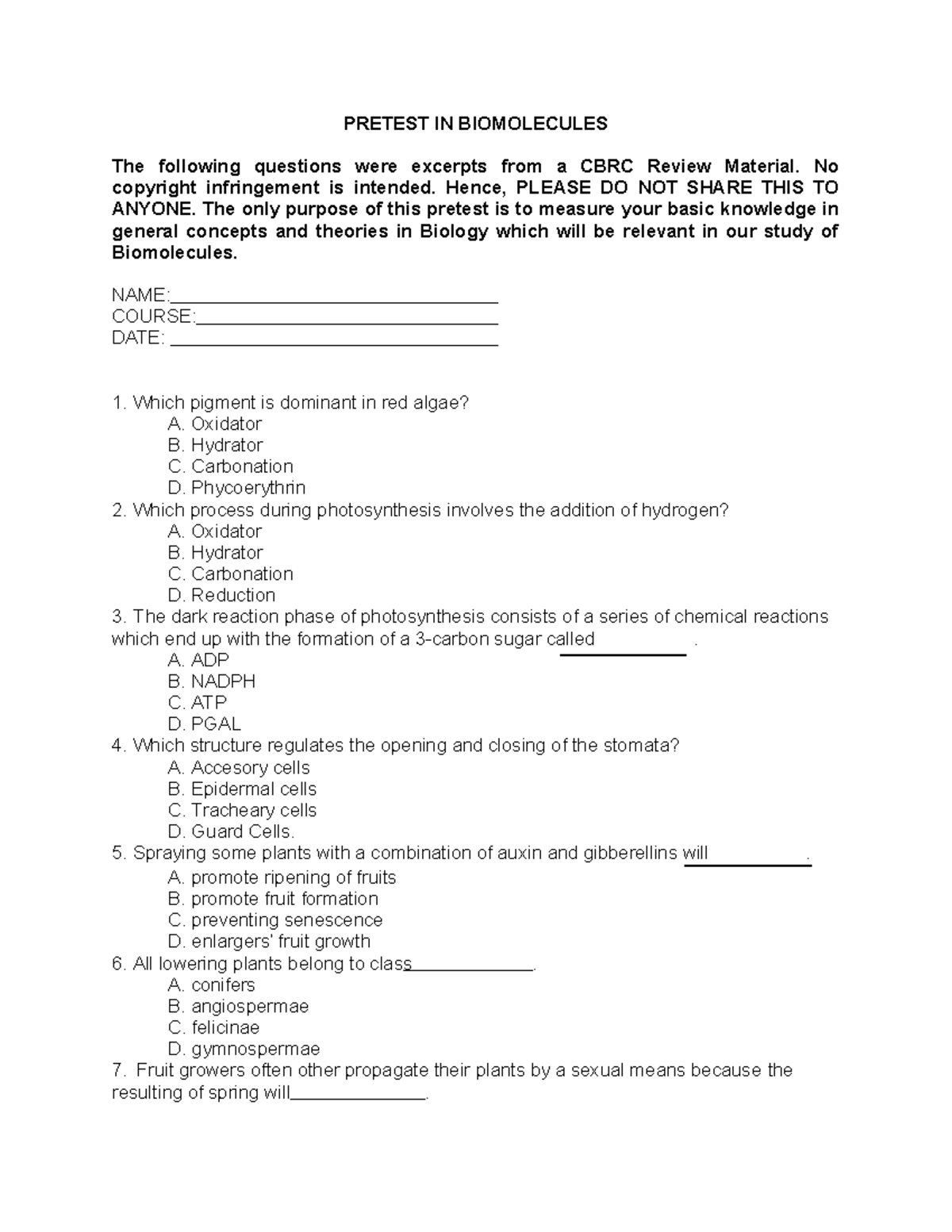 Pretest in Biomolecules - PRETEST IN BIOMOLECULES The following ...