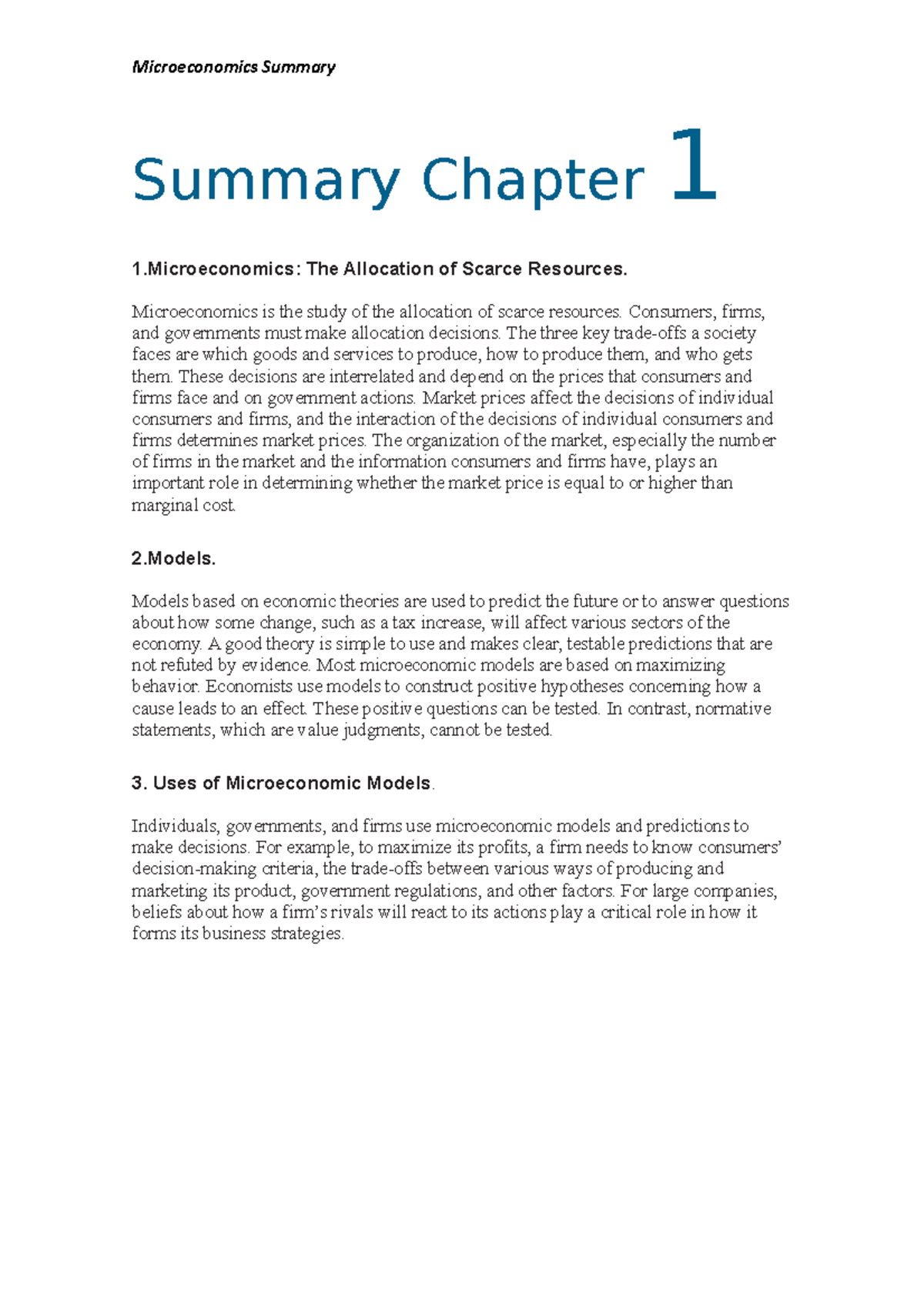 Microeconomics Summary Chapter 1 - Microeconomics Summary Summary ...