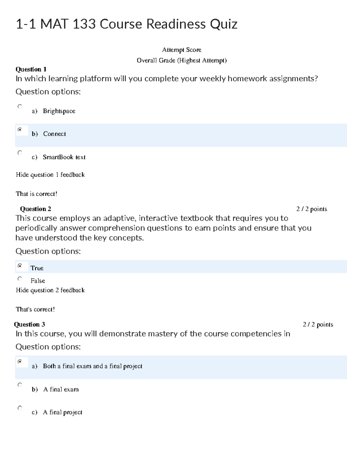 1-1 MAT 133 Course Readiness Quiz - Question options: True False Hide ...