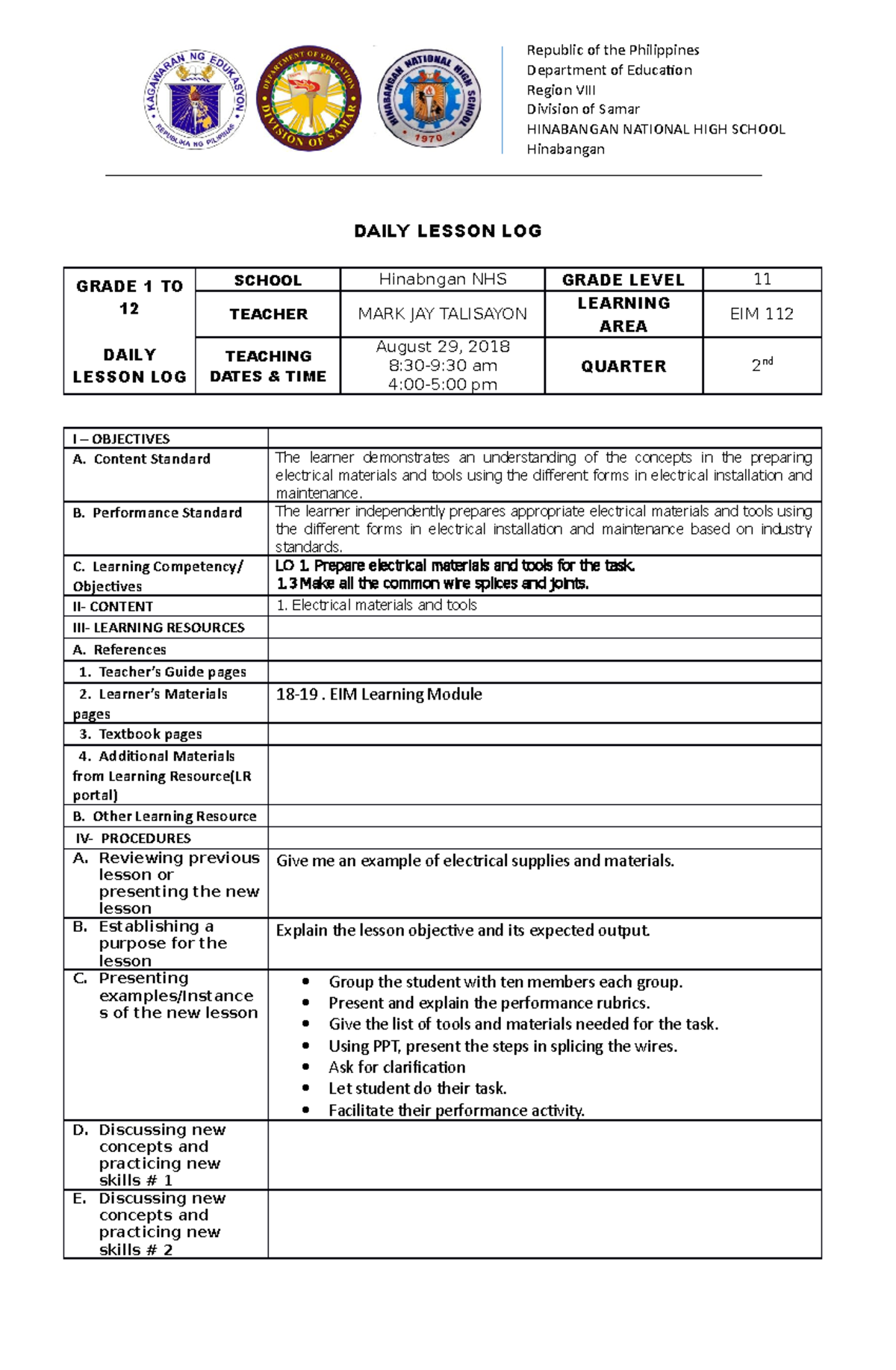 8 - daily lesson log - Republic of the Philippines Department of ...